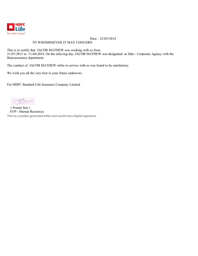 hdfc life experience letter | PDF