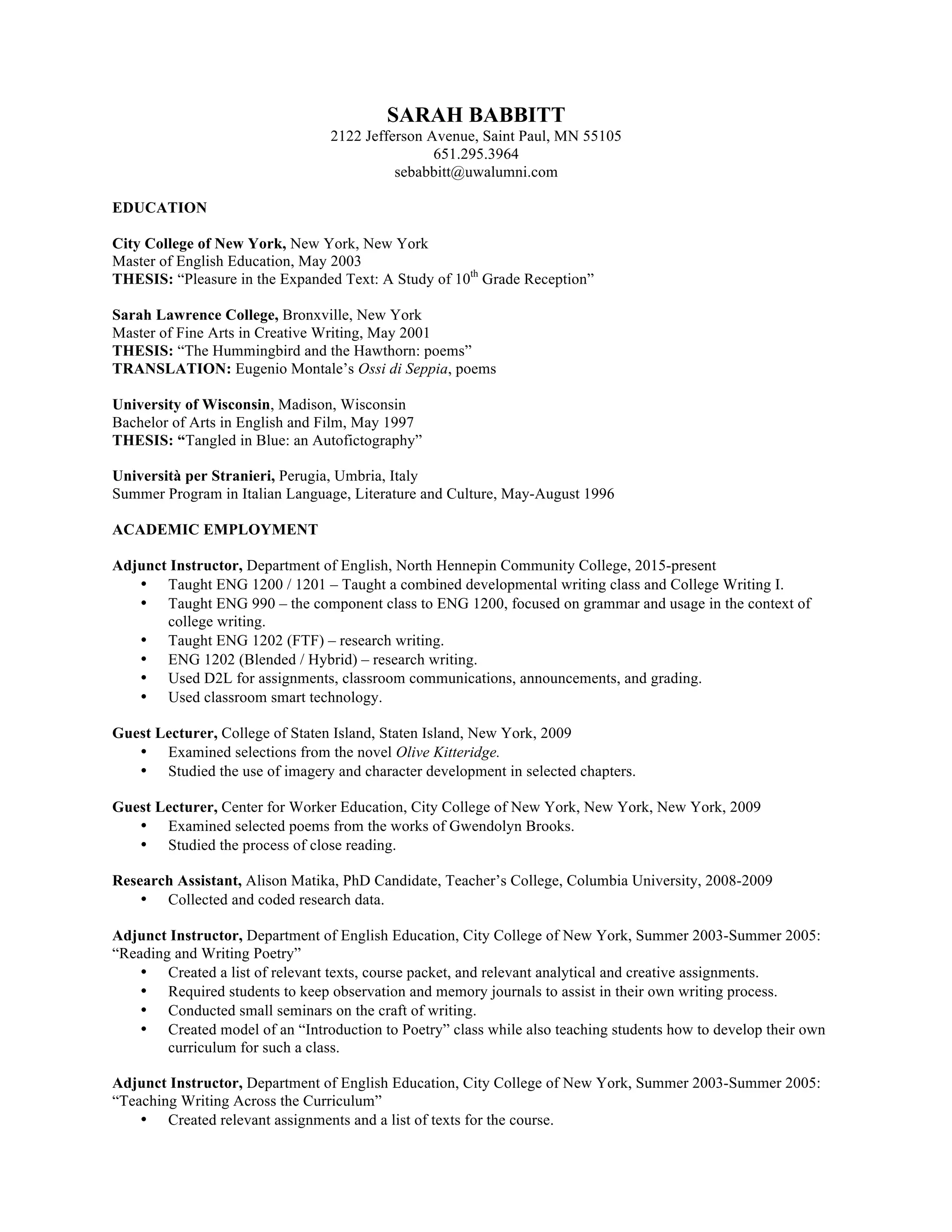 SARAH BABBITT CV 30APR16 | PDF