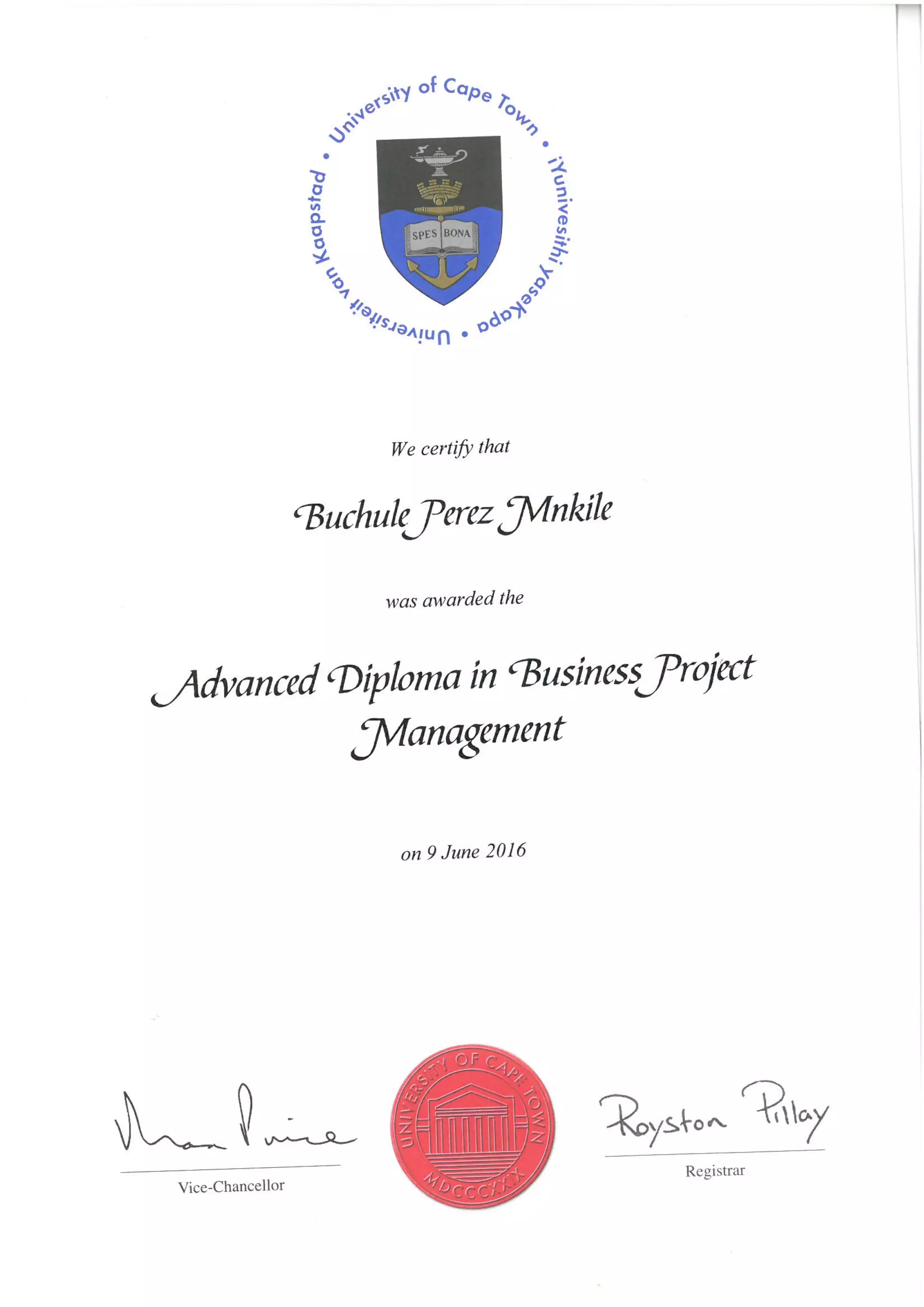UCT Advanced Diploma in Business Project Management certificate for ...