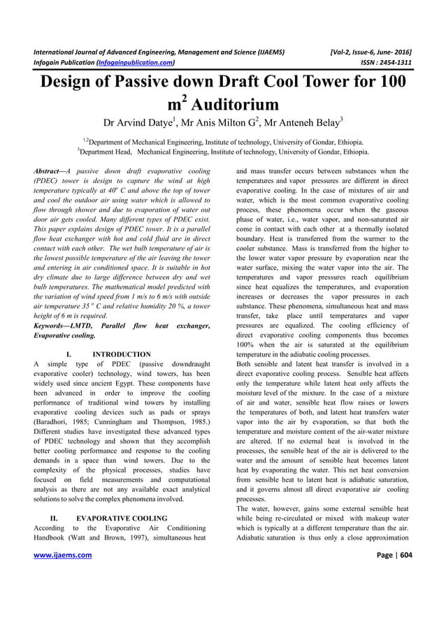 design of passive down draft cool tower for 100 m2 auditorium | PDF