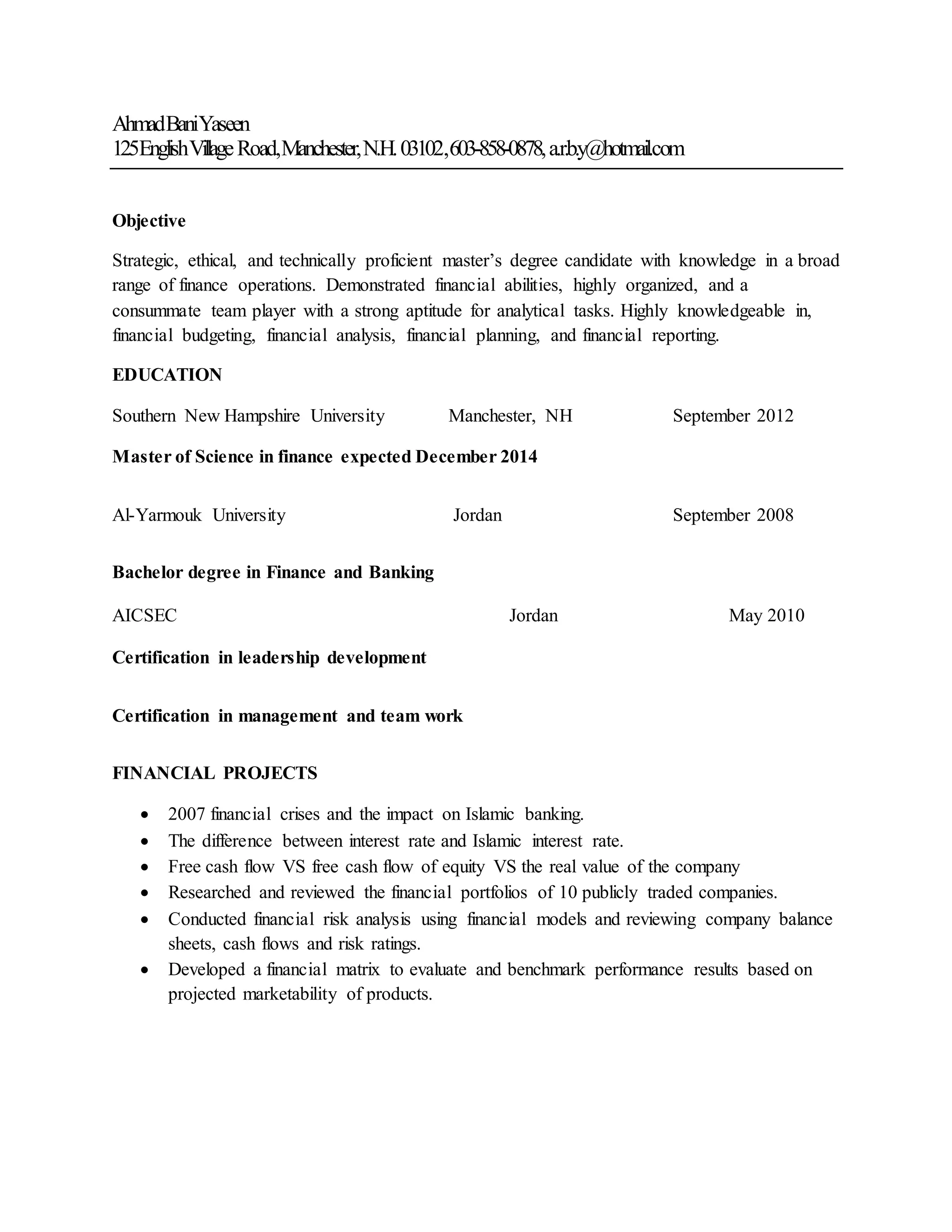 Ahmad Bani Yaseen resume 2014 | DOCX