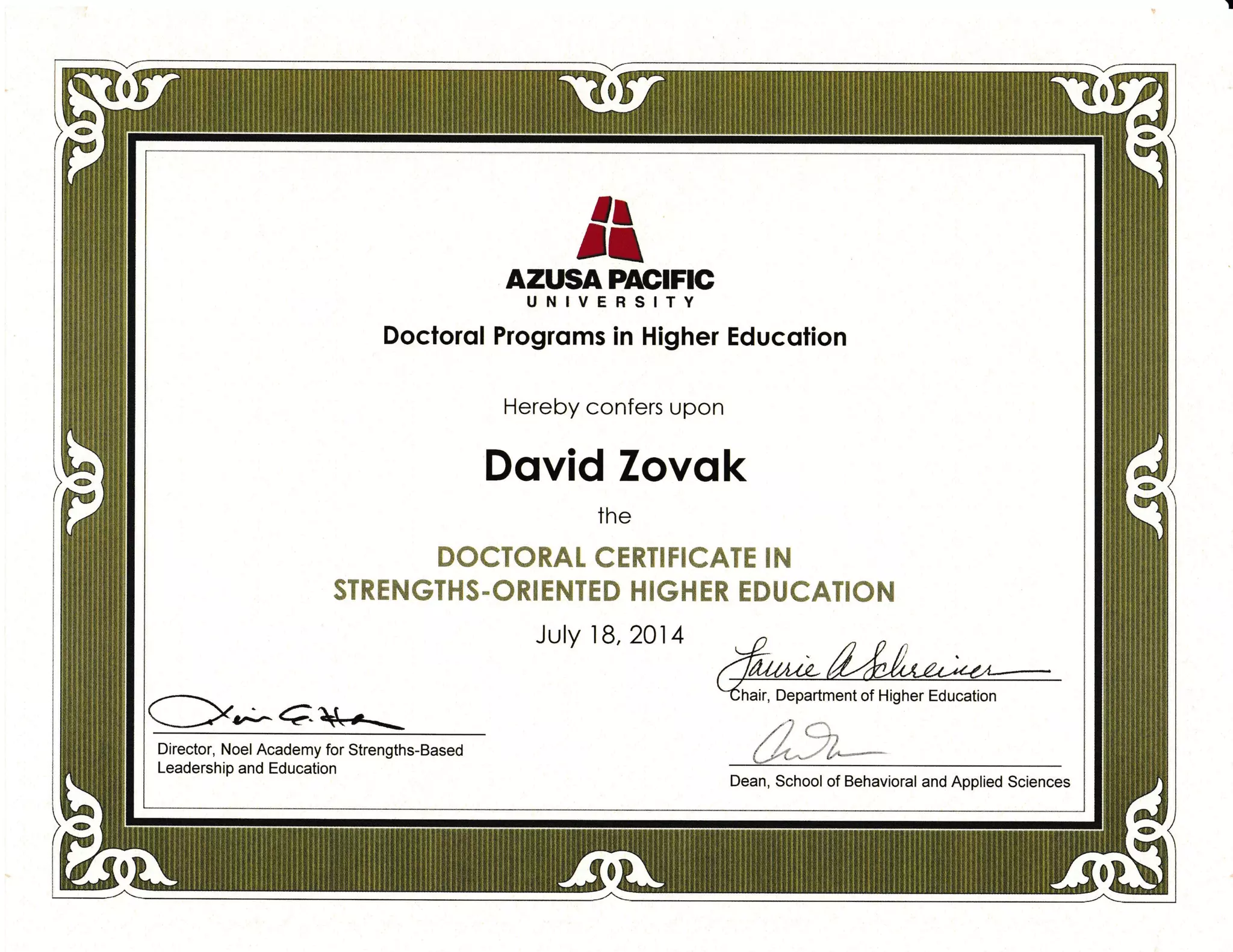 David Zovak Doctoral Certificate in Strengths | PDF