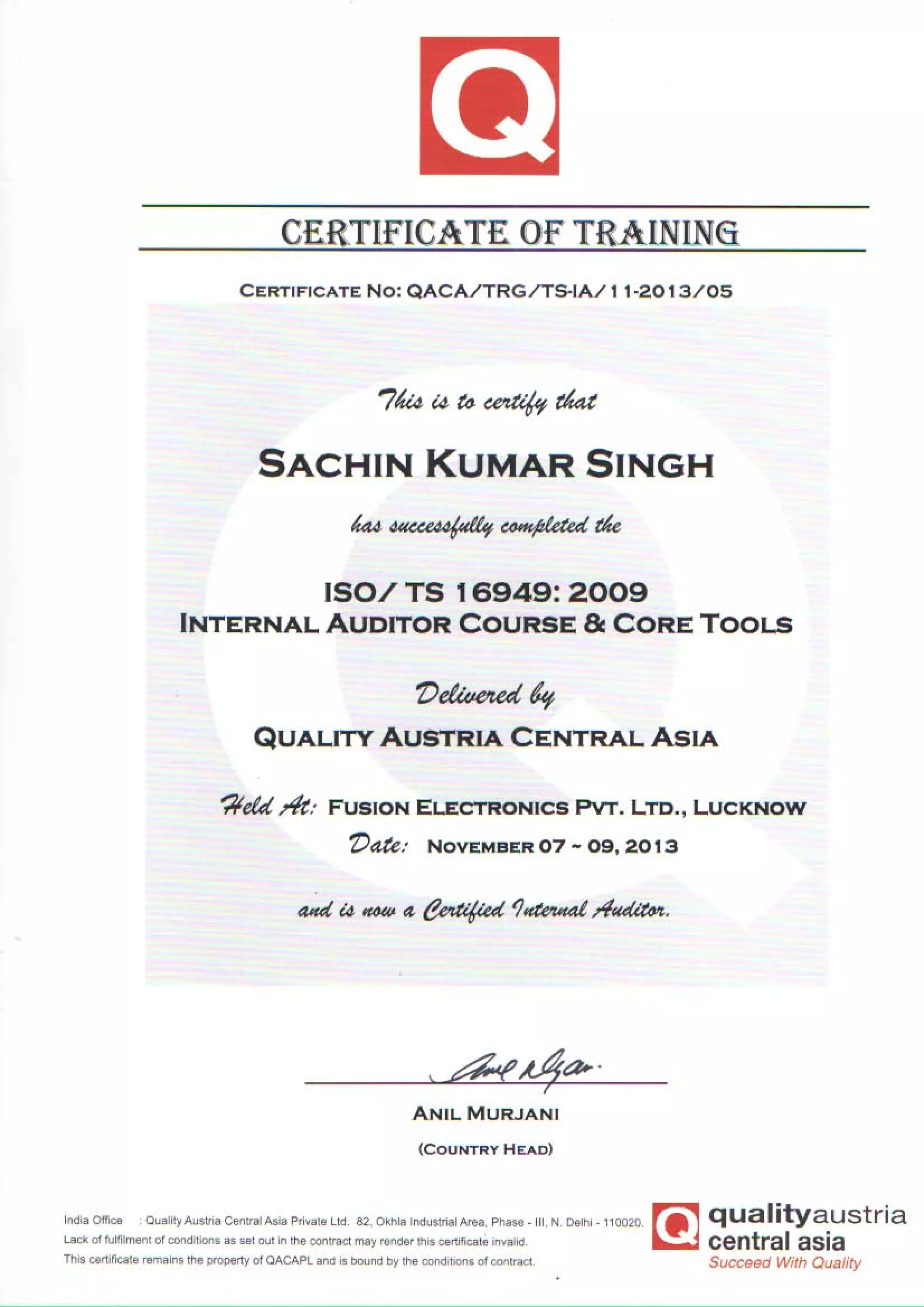 TS16949 IA Certificate Sachin | PDF