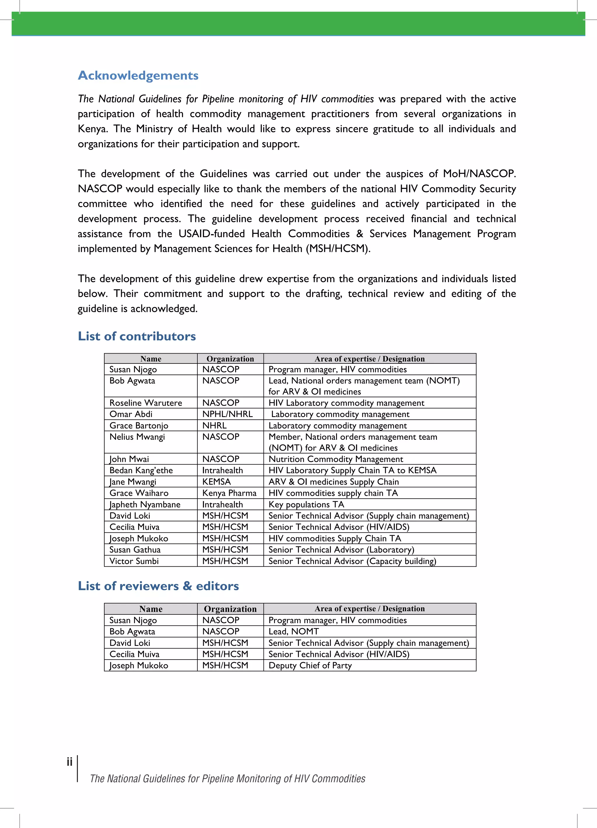 The National Guidelines for Pipeline Monitoring of HIV commodities ...
