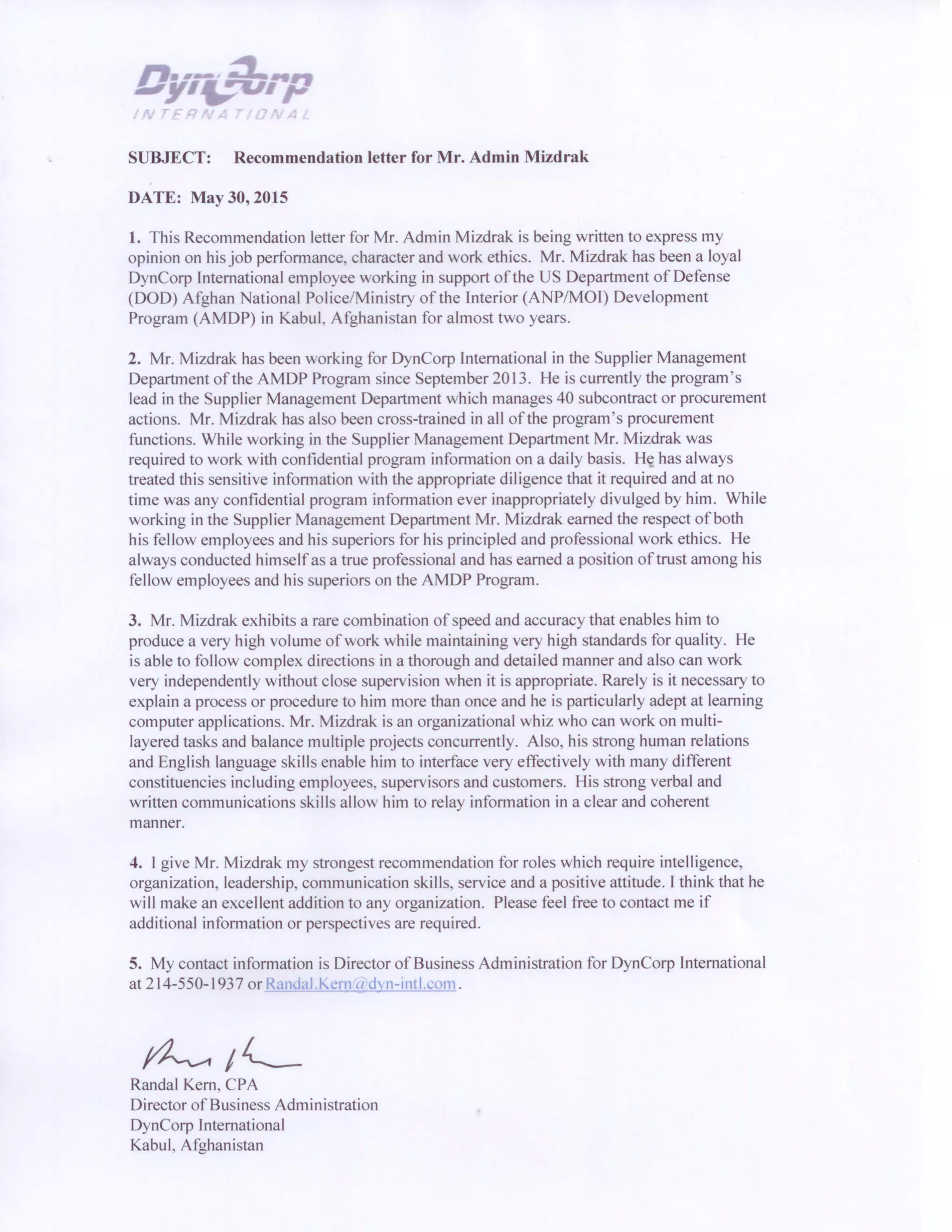 DynCorp Recommendation Letter | PDF