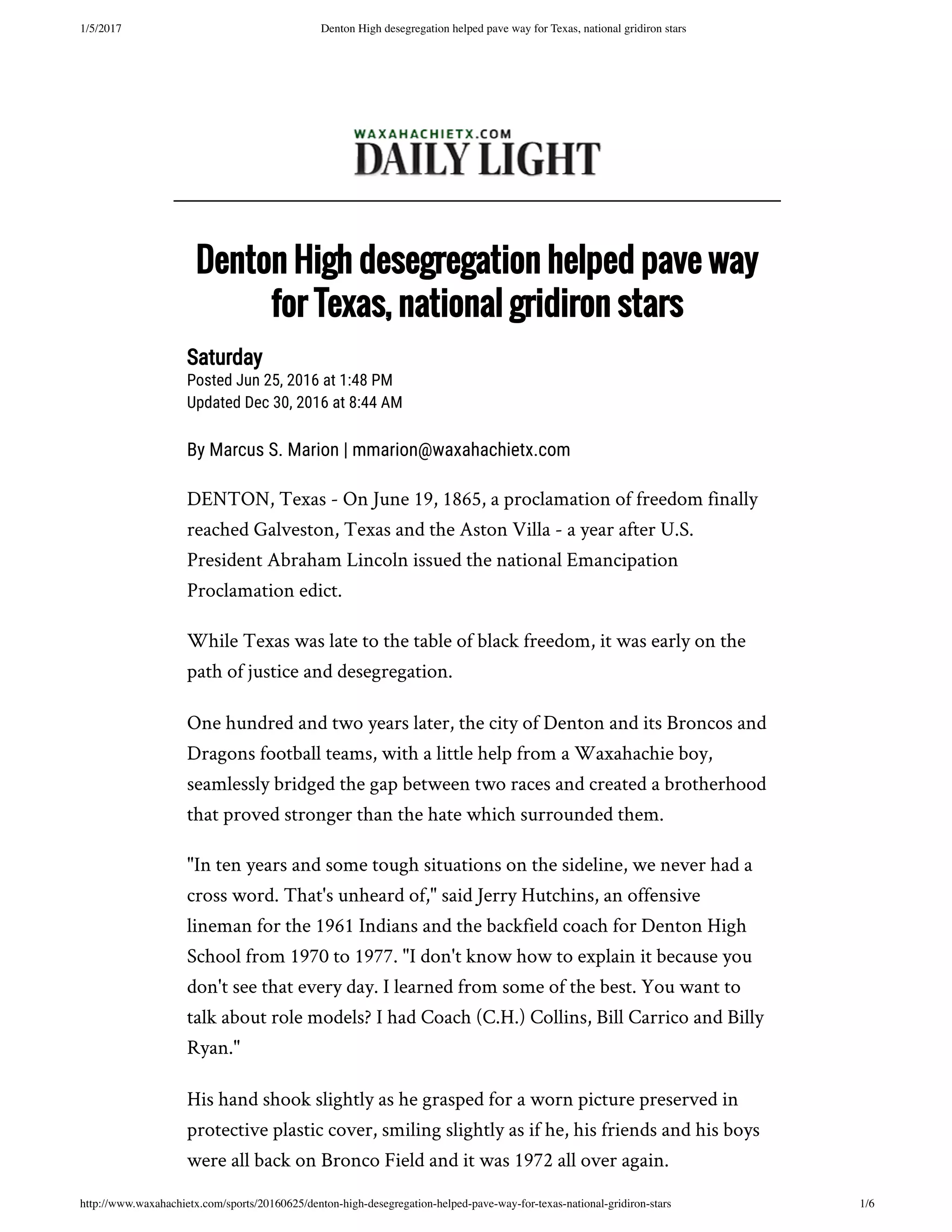 Denton High desegregation helped pave way for Texas, national gridiron ...