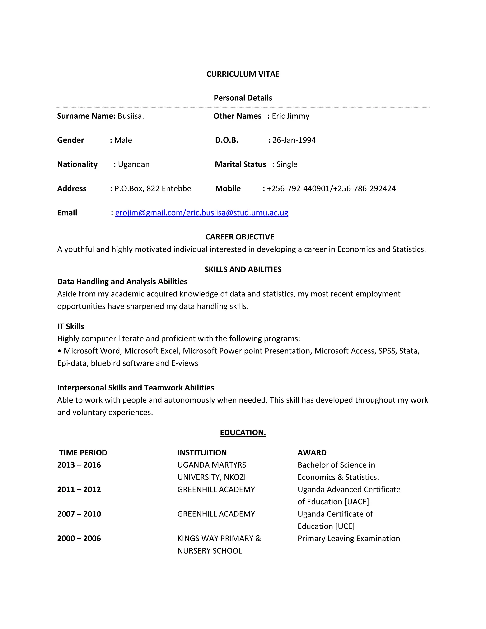 Eric Jimmy Busiisa CV | PDF