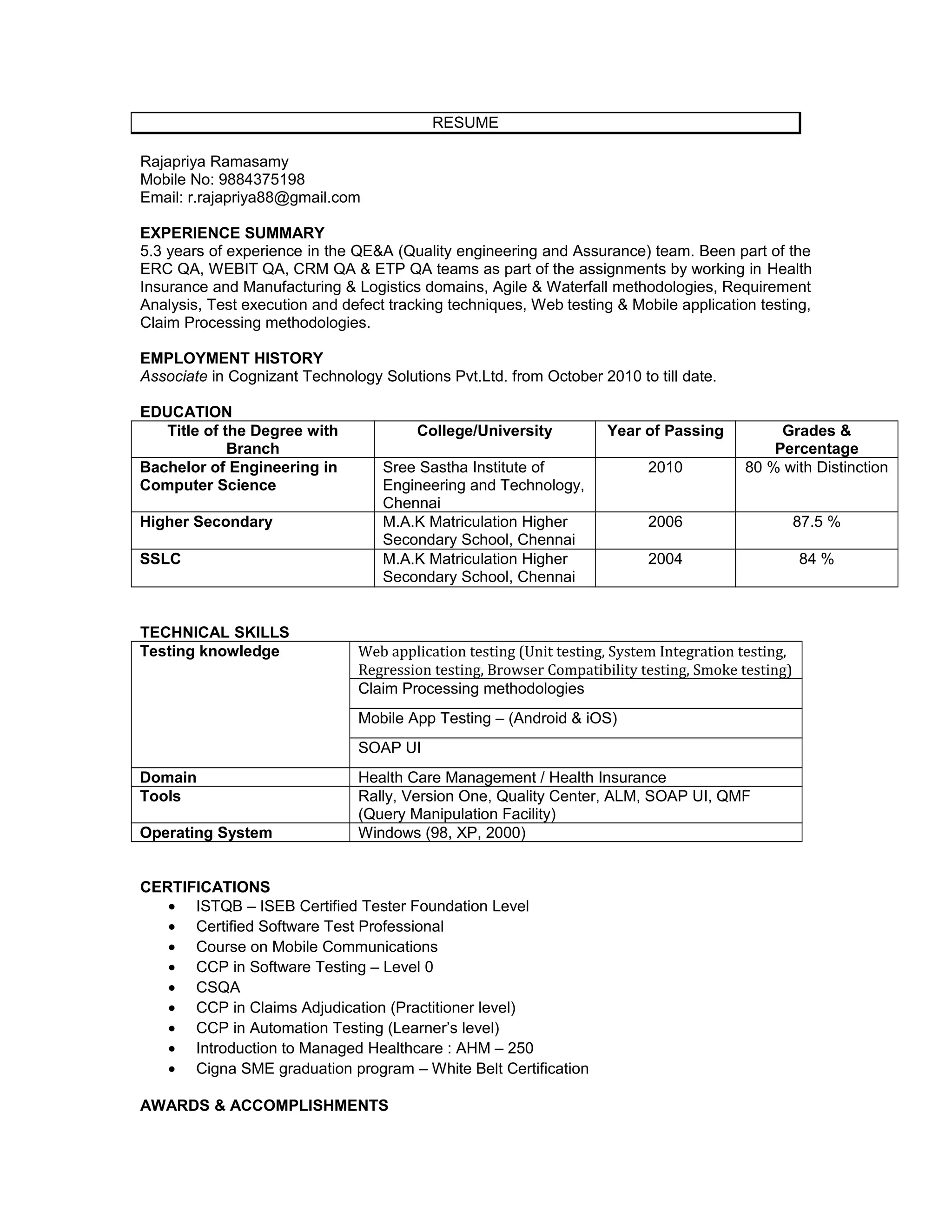 Rajapriya R_Resume | DOC | Computer Software and Applications | Computing