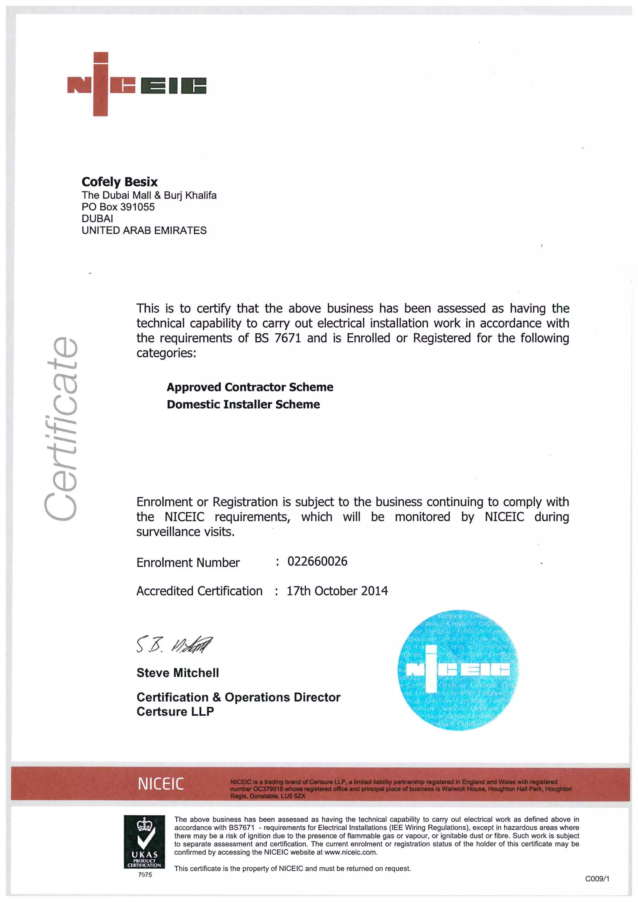 NICEIC - Certificate | PDF