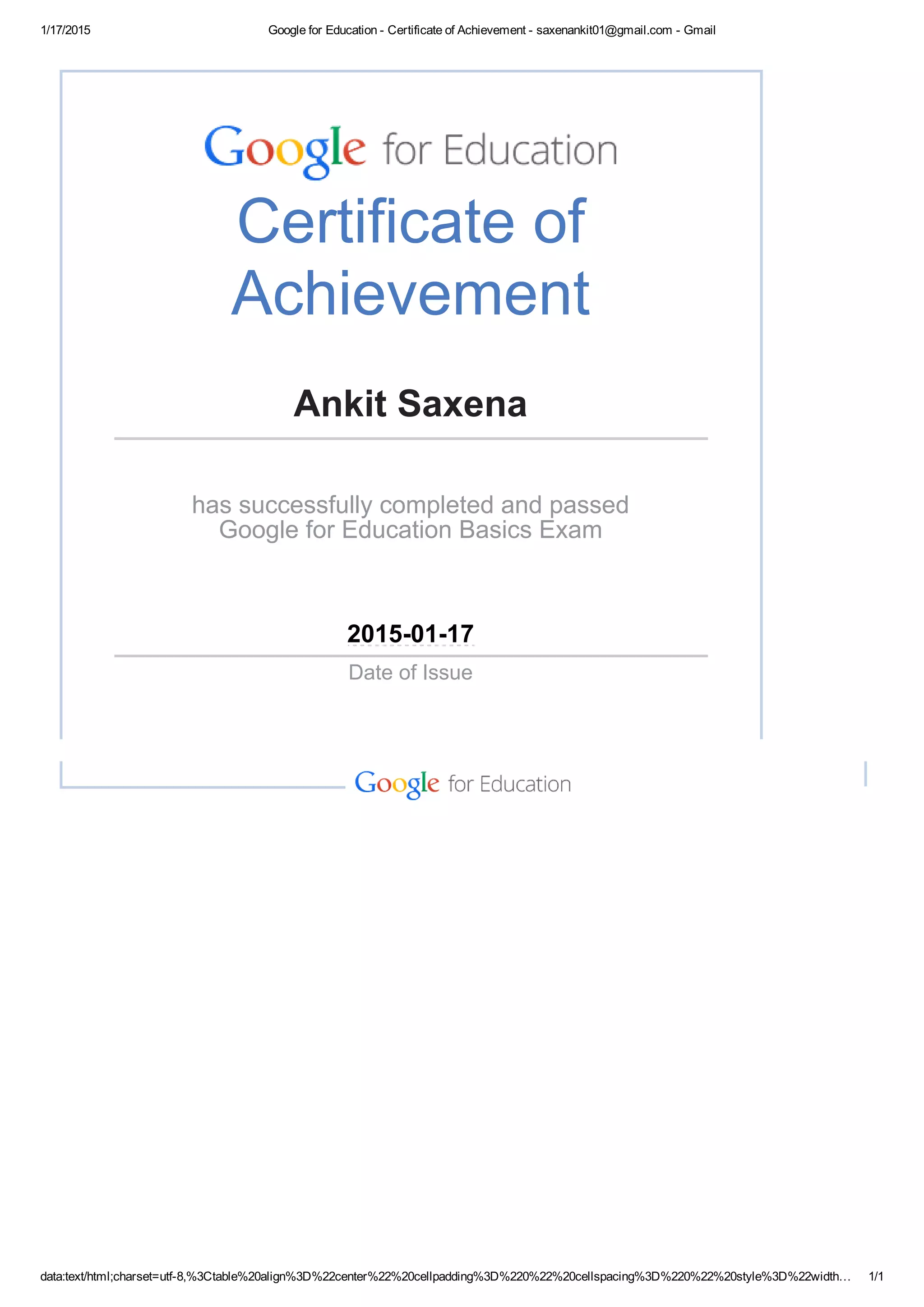 Google for Education - Certificate of Achievement - saxenankit01@gmail ...