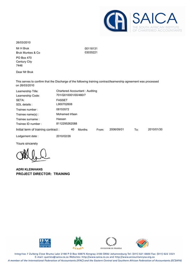 SAICA-confirmation of completed articles | PDF