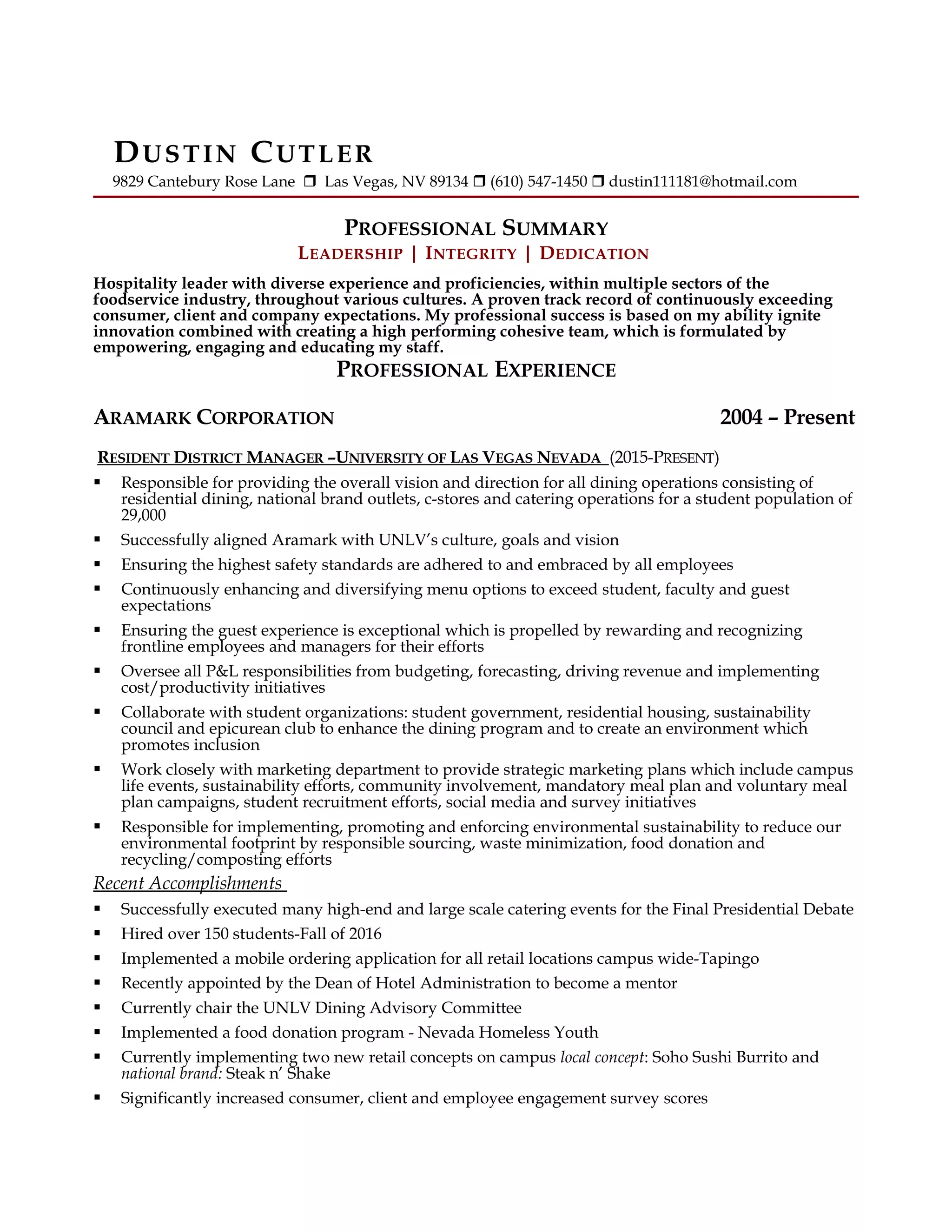Dustin Cutler's 2016 resume' | DOC