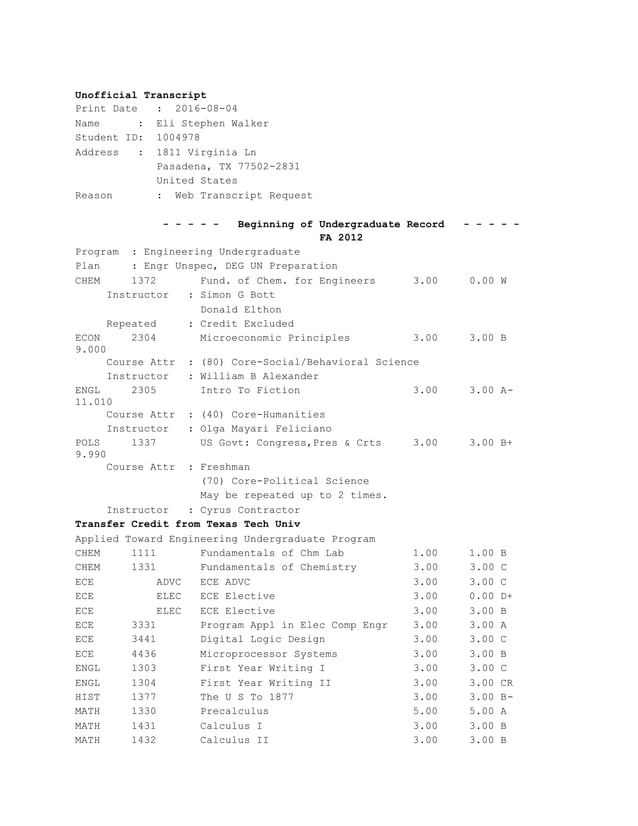 Unofficial Transcript | DOCX | Undergraduate Education | College Education
