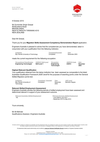 Engineers Australia MSA CDR Outcome Letter for 5149197 | PDF