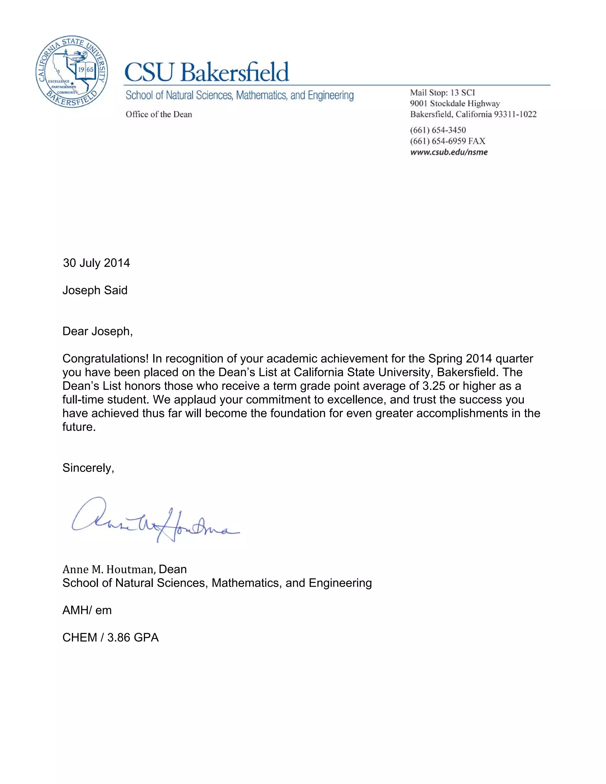 Dean's List Letter | PDF