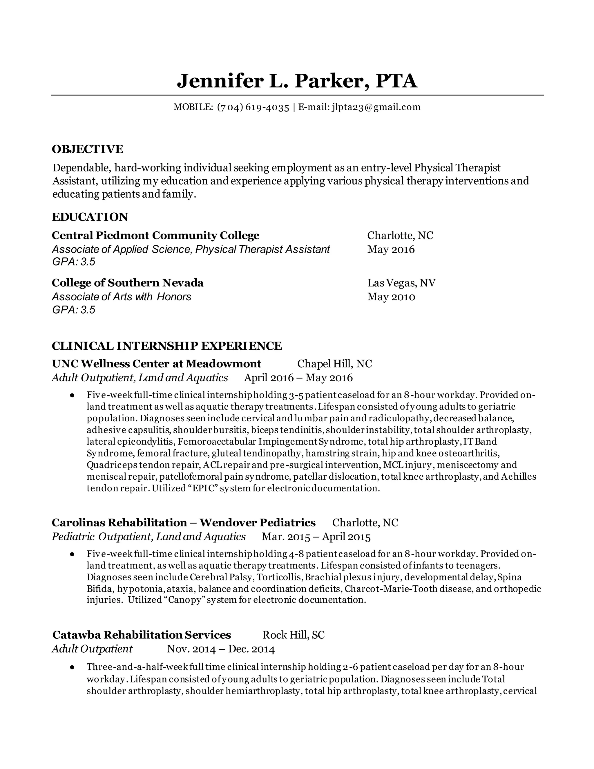 Jennifer Parker Entry-Level PTA Resume | DOCX
