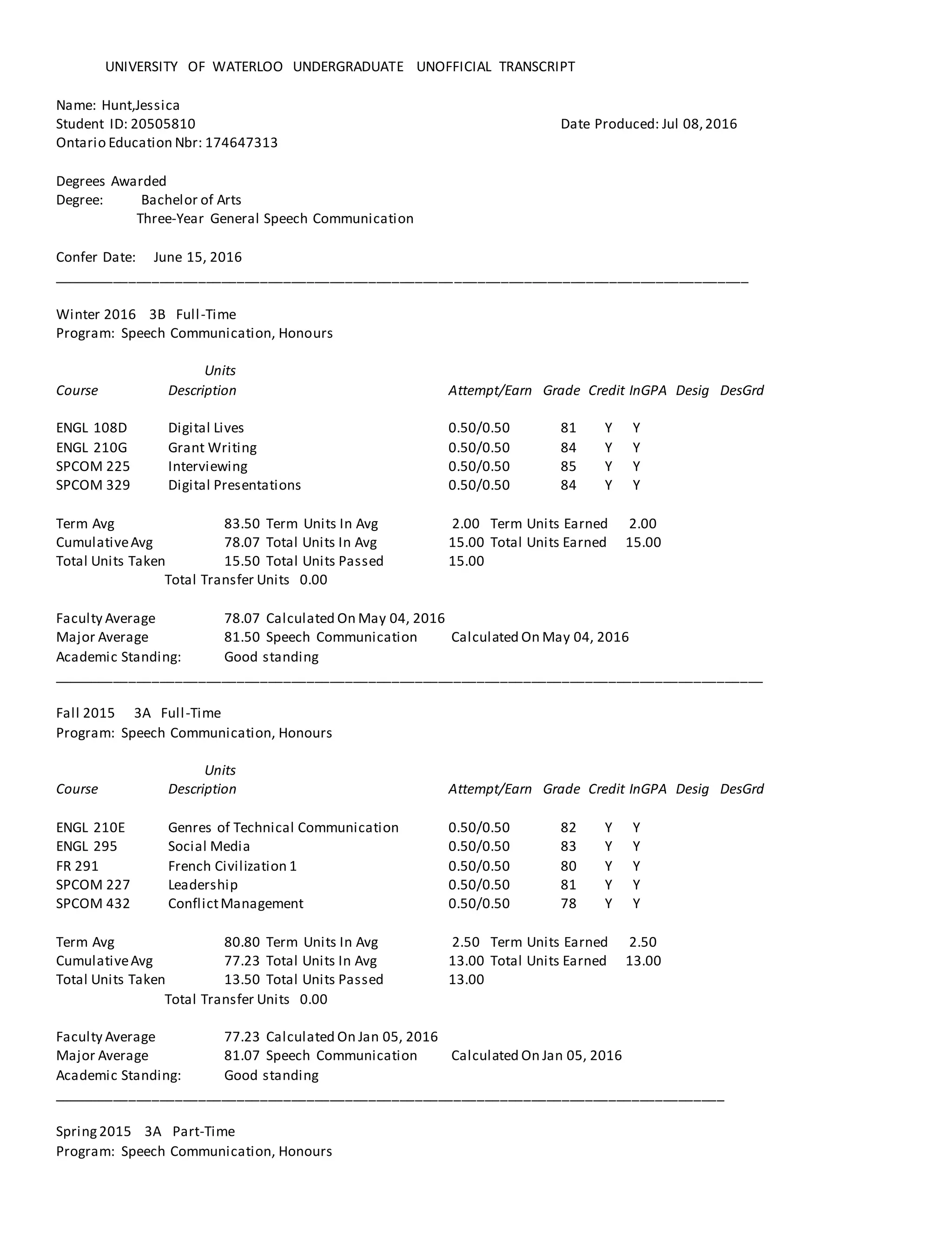 J Hunt Transcript | DOCX | Undergraduate Education | College Education