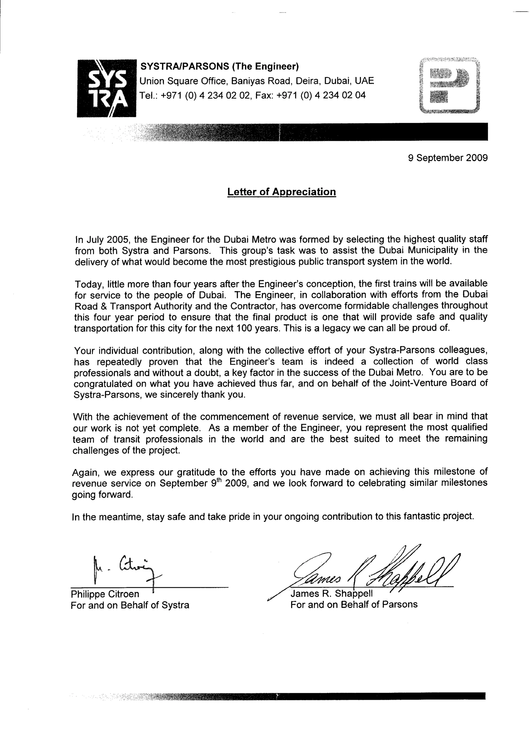 APPECIATION LETTER-DUBAI METRO 4 | PDF