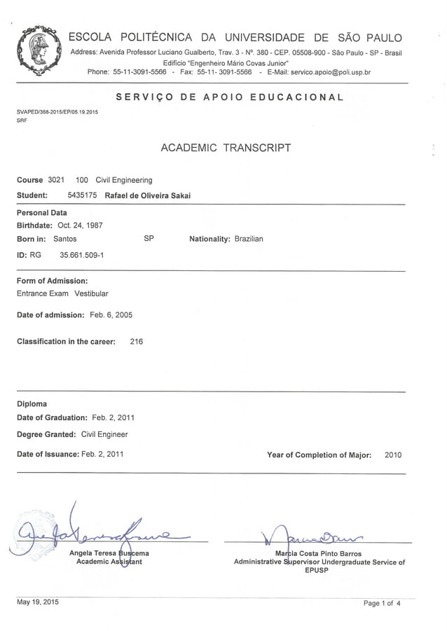 Academic Transcript - Rafael de Oliveira Sakai | PDF