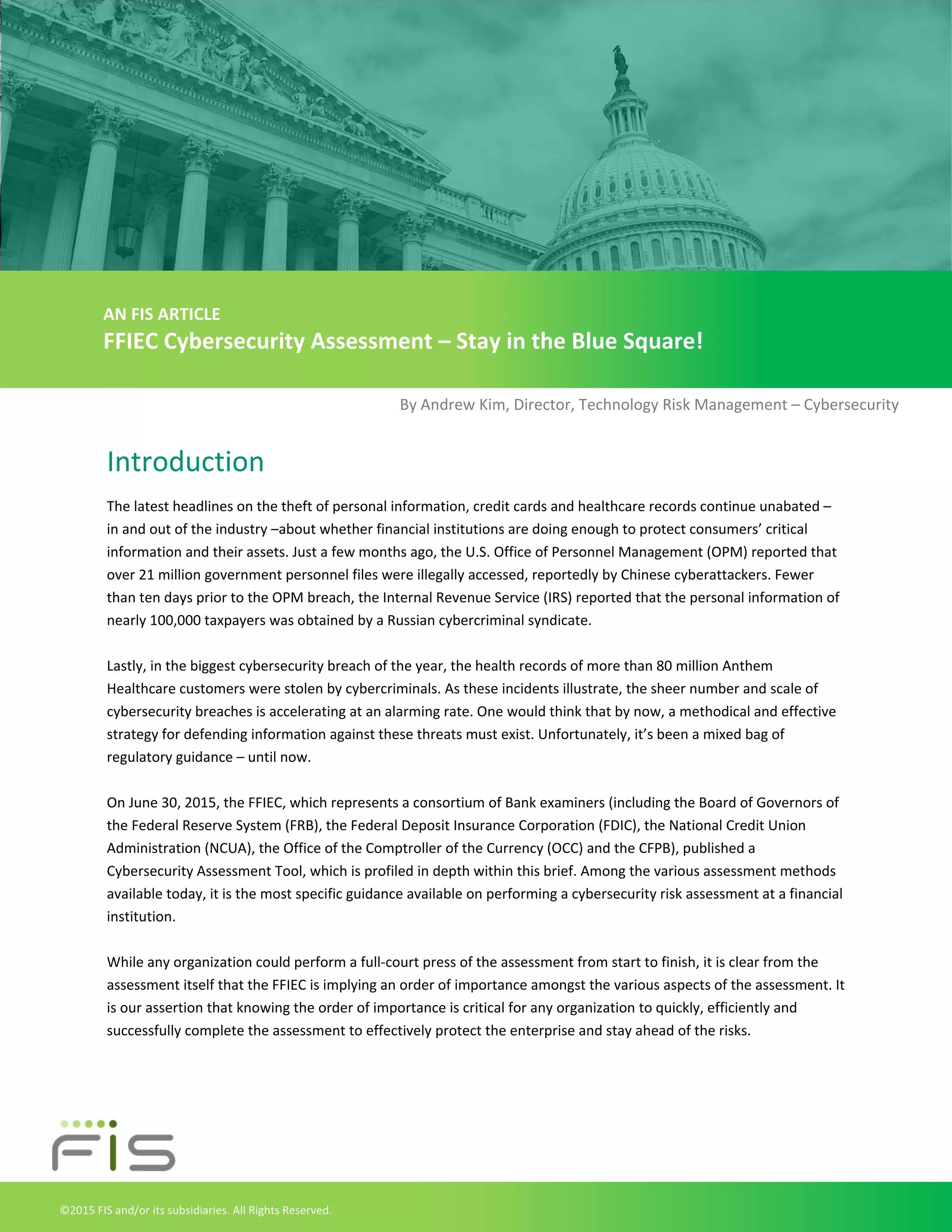 FIS article - FFIEC Cybersecurity Assessment - by Andy Kim - Summer ...