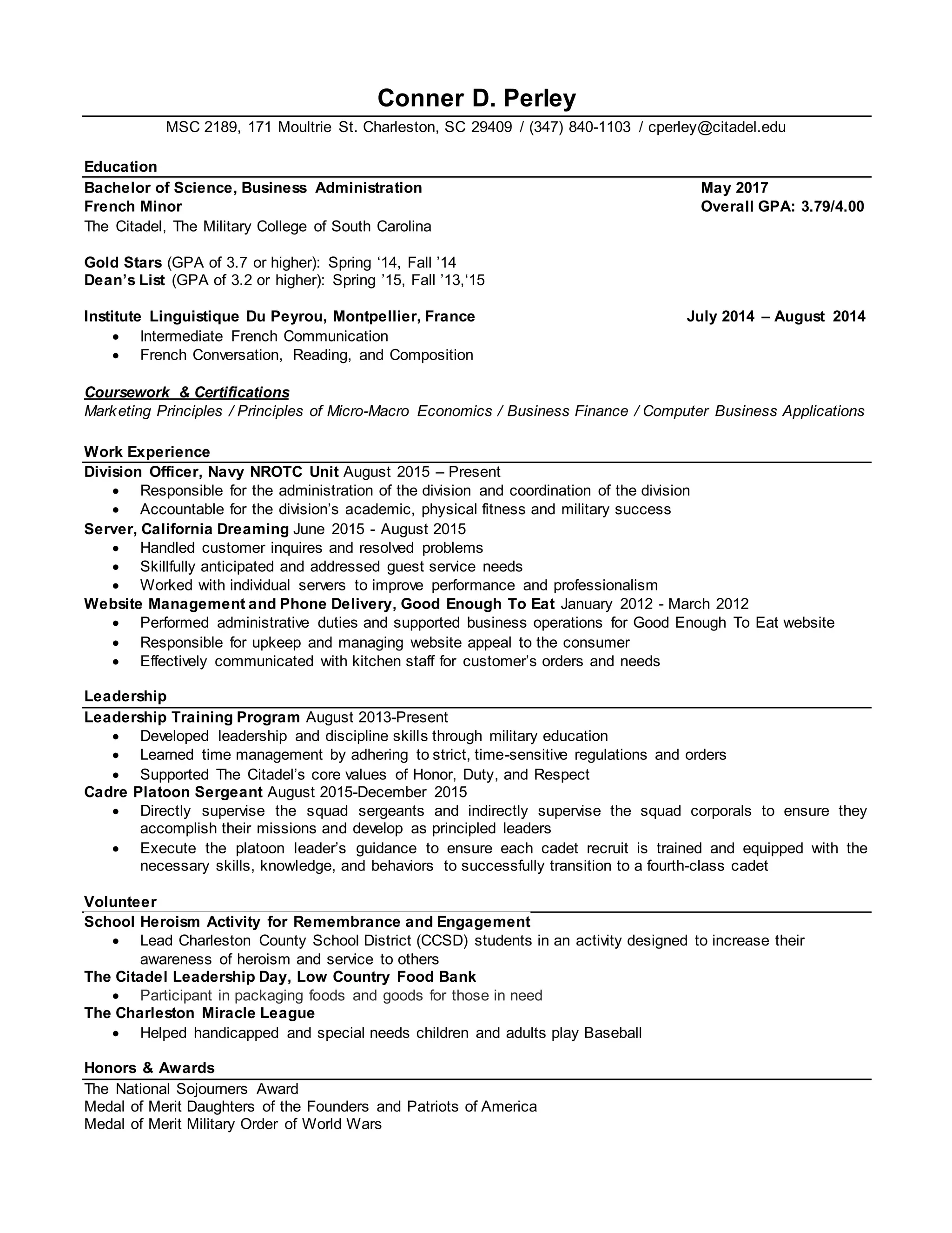 Conner D. Perley Resume | DOCX | Business Administration | Business