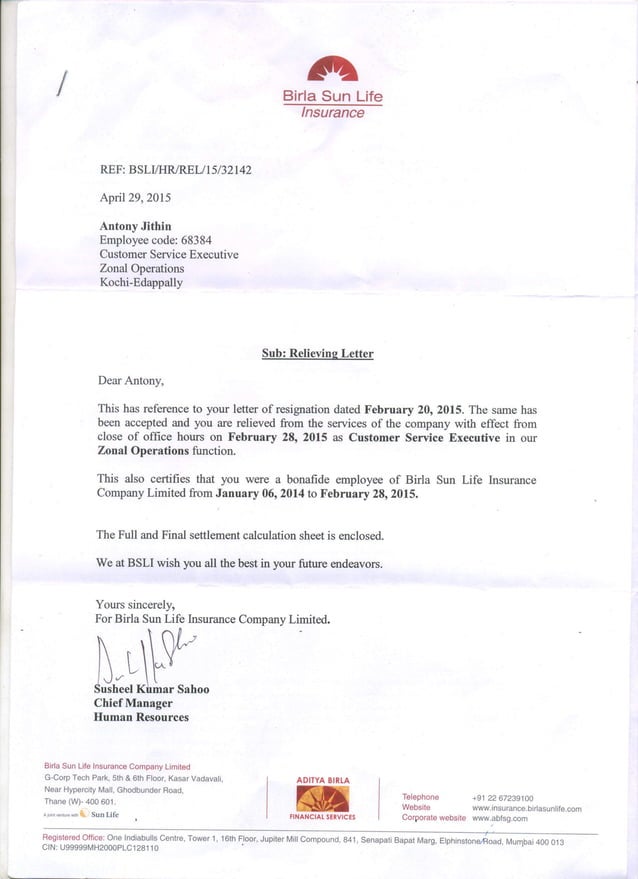 Birla Releiving letter | PDF