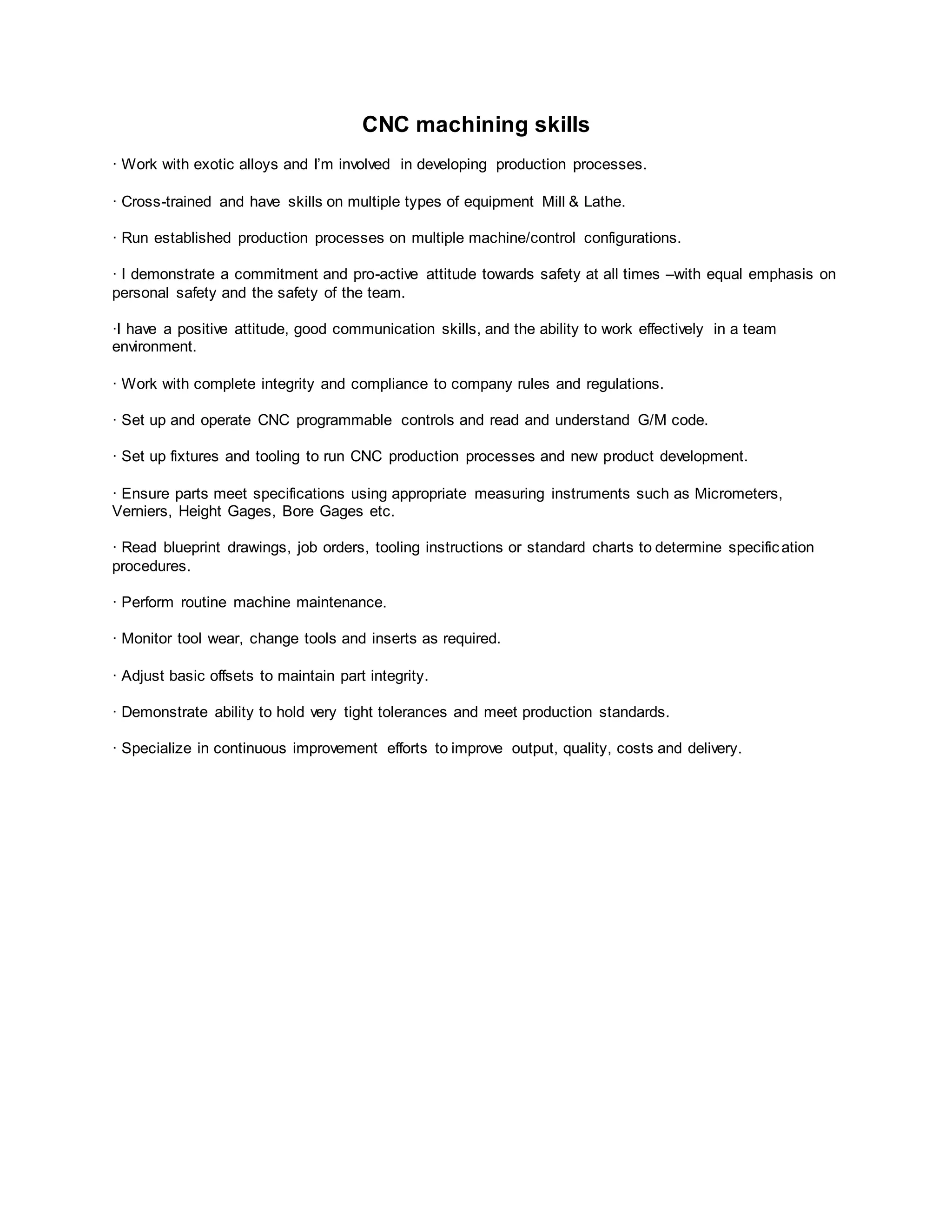 CNC Machinist skills | DOCX