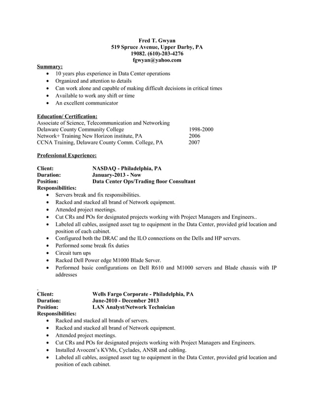 Fred updated resume | DOC | Computer Networking | Computing