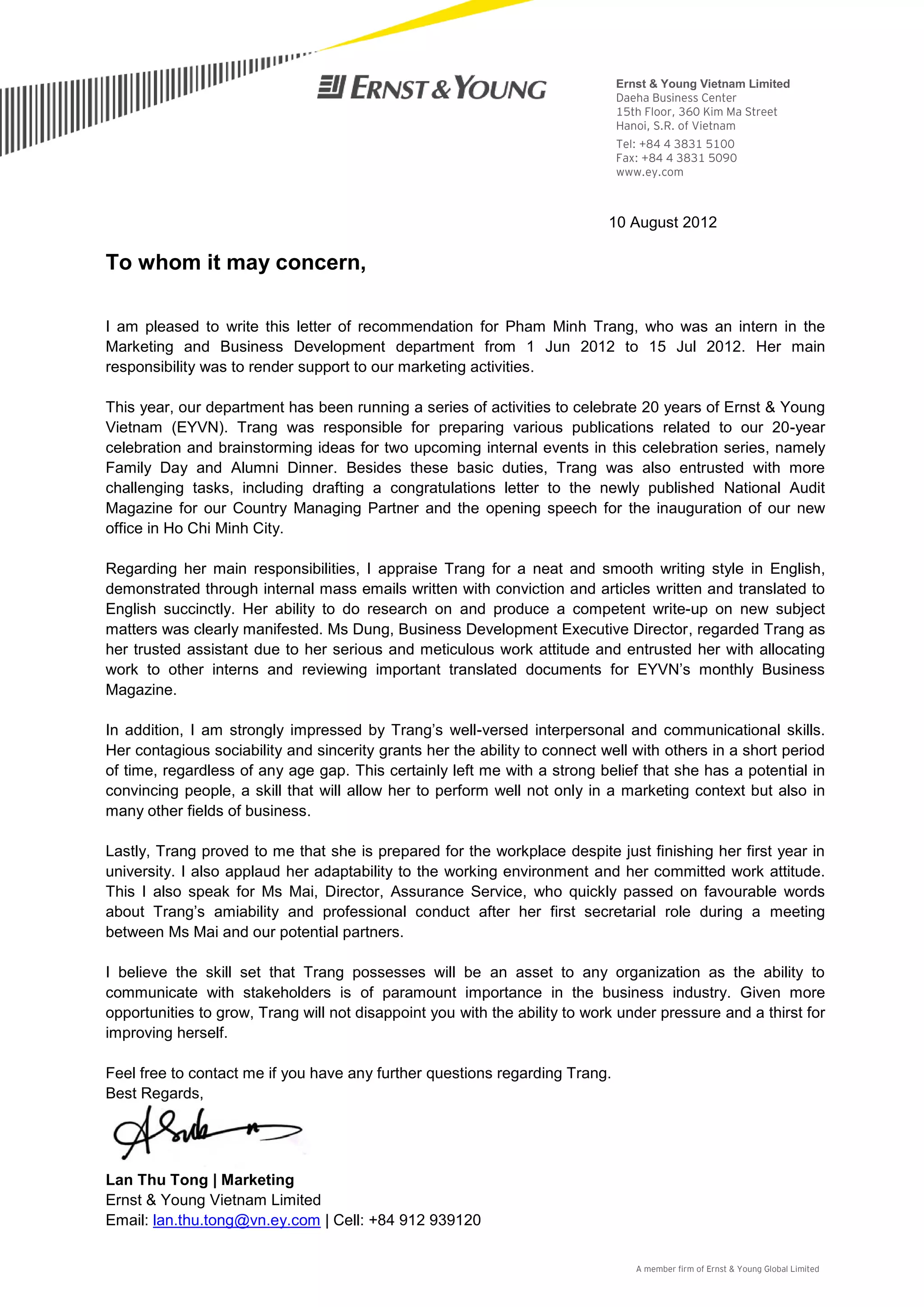Ernst & Young Recommendation letter - Pham Minh Trang NUS | PDF