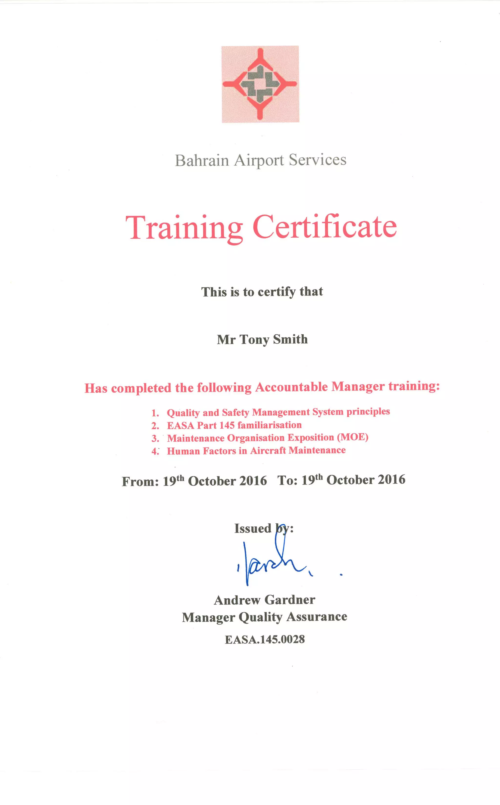 Training Certificate - Tony Smith - COO | PDF
