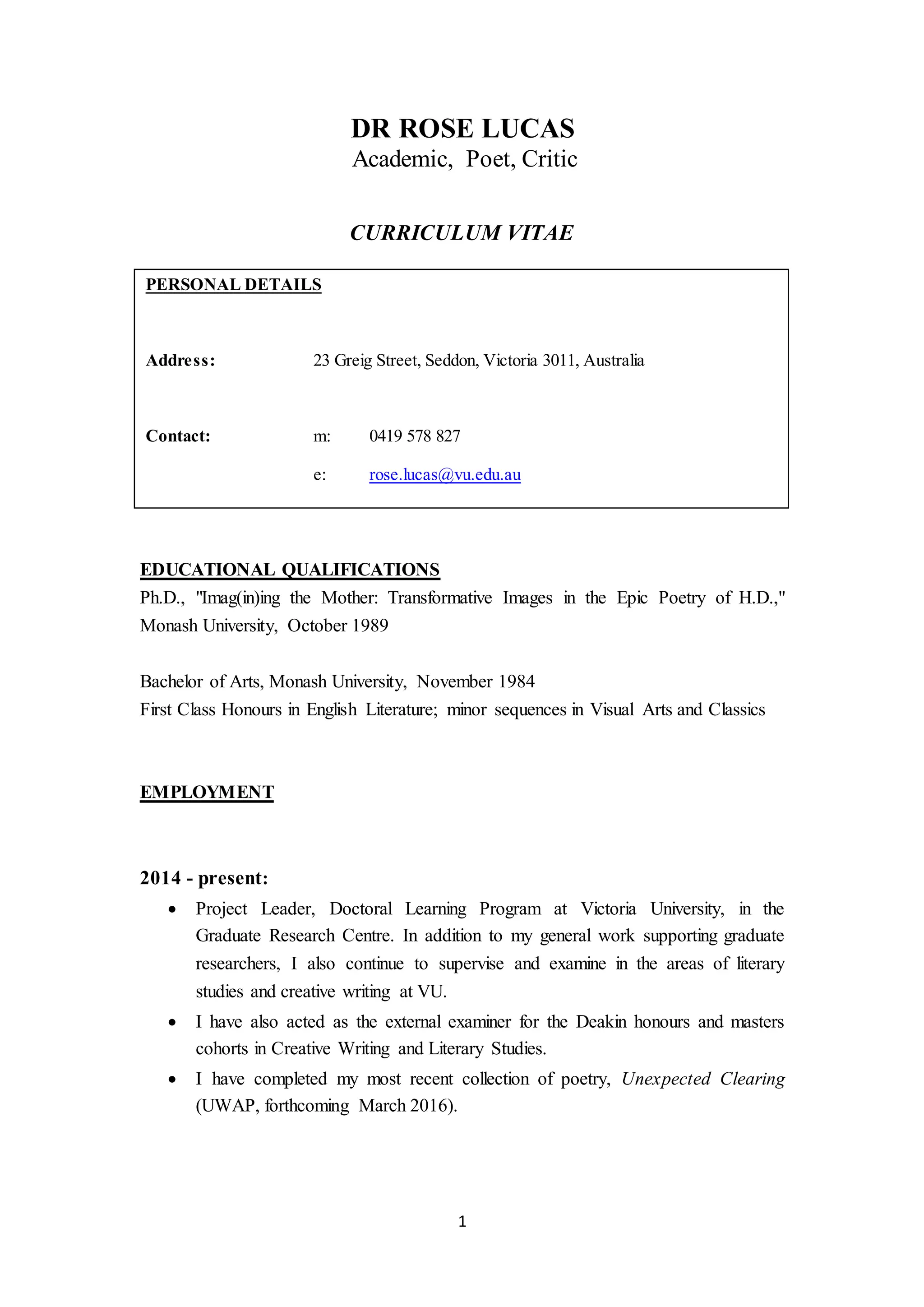 DR ROSE LUCAS. CV 2016 | PDF