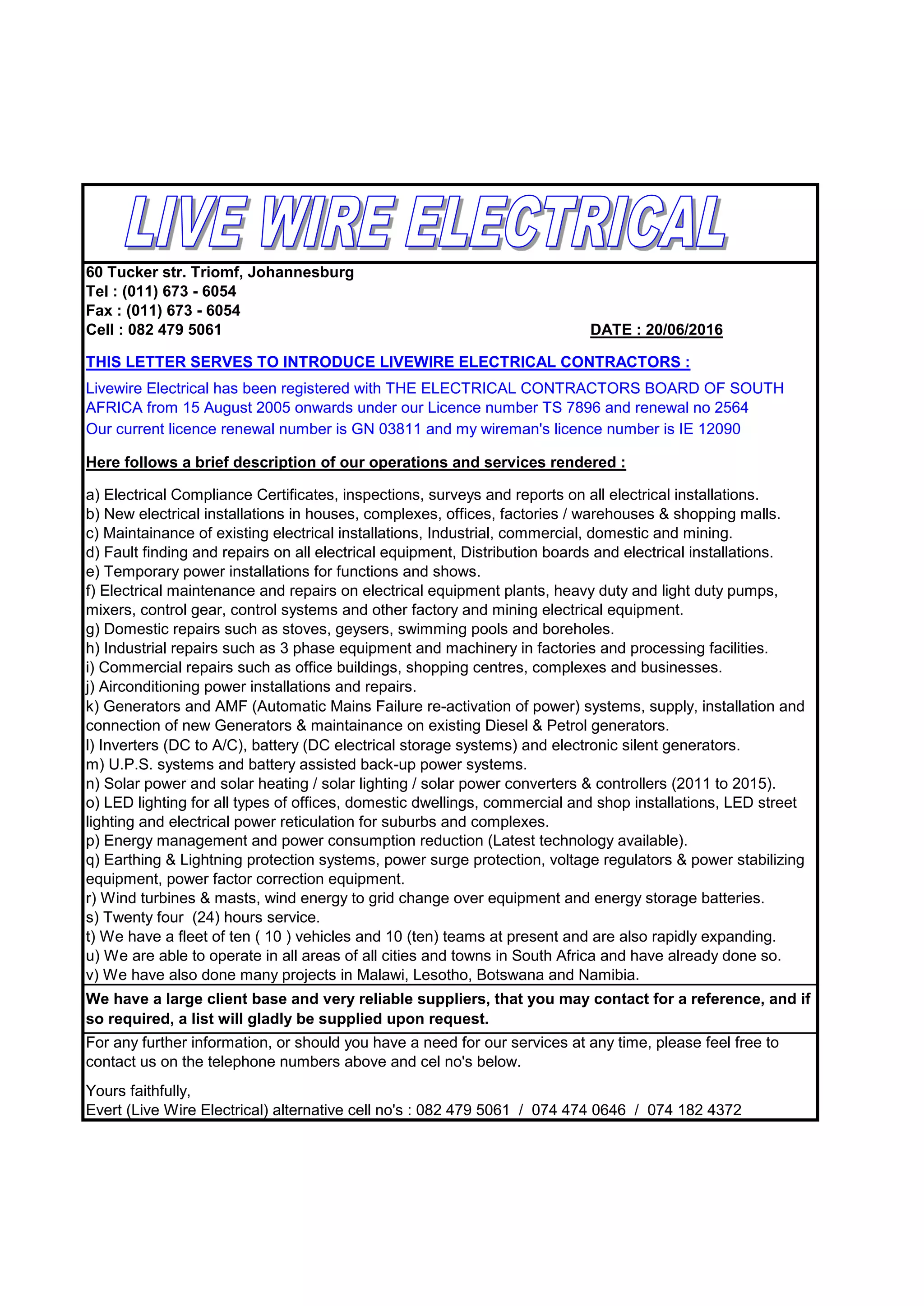 Letter of introduction of Livewire Electrical Contractors. | PDF