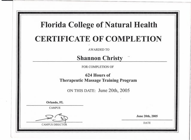 Certificate of Completion from the Florida College of Natural Health ...