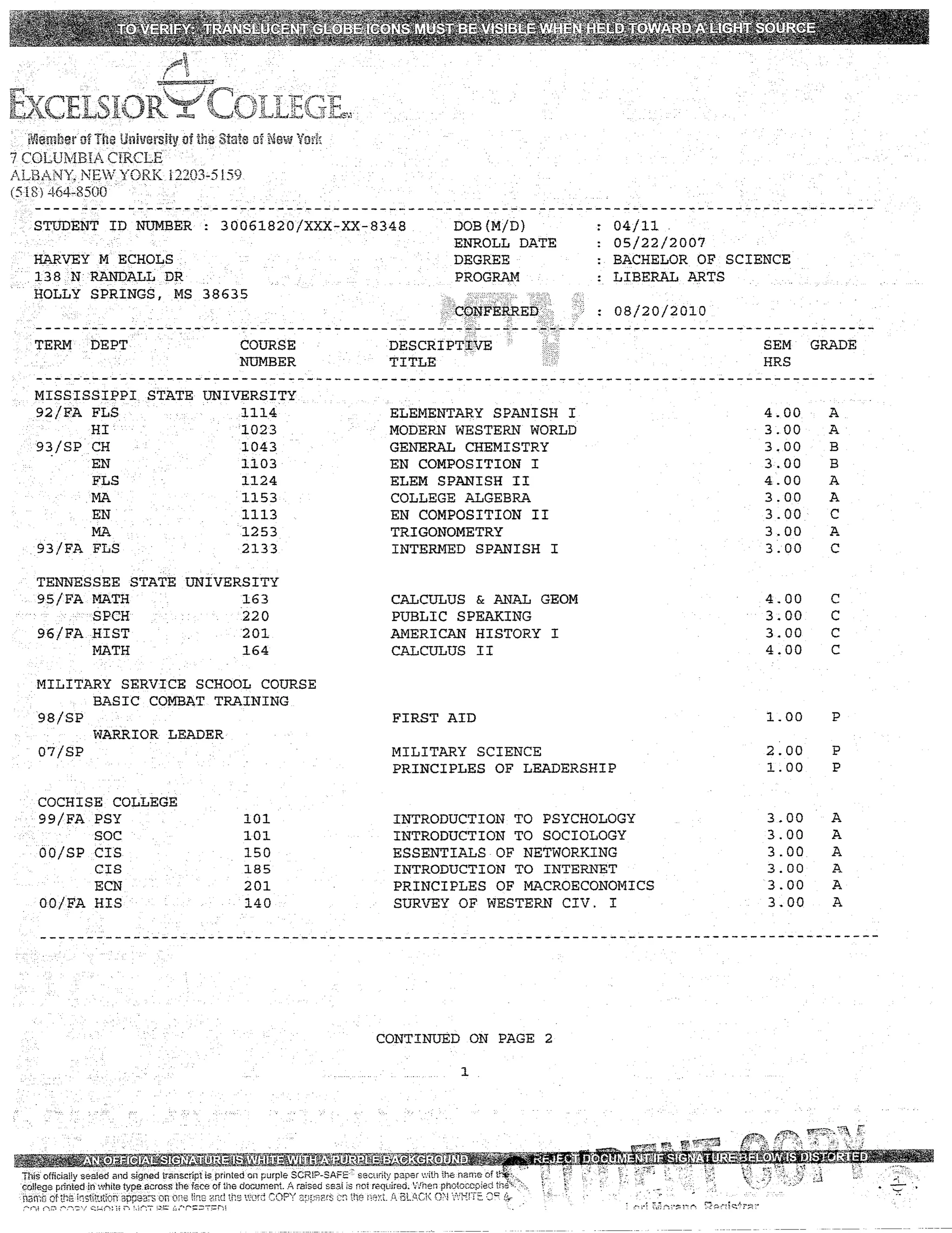 Excelsior College Graduation Transcript-- | PDF