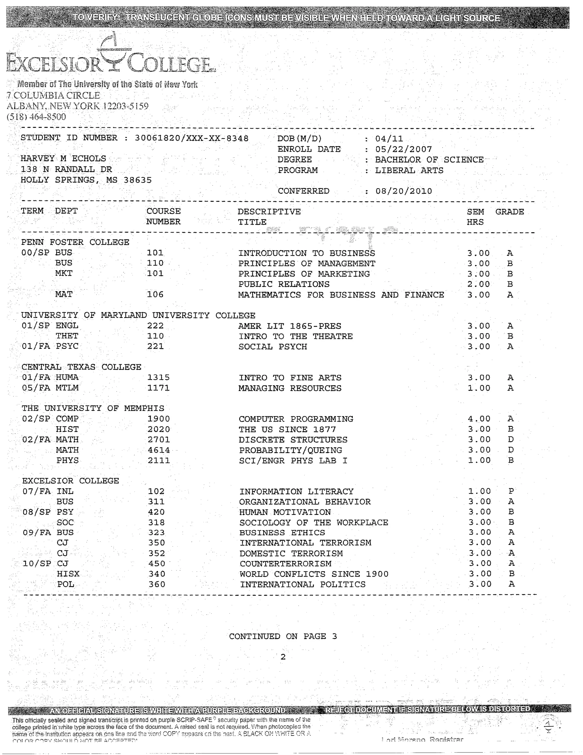 Excelsior College Graduation Transcript-- | PDF