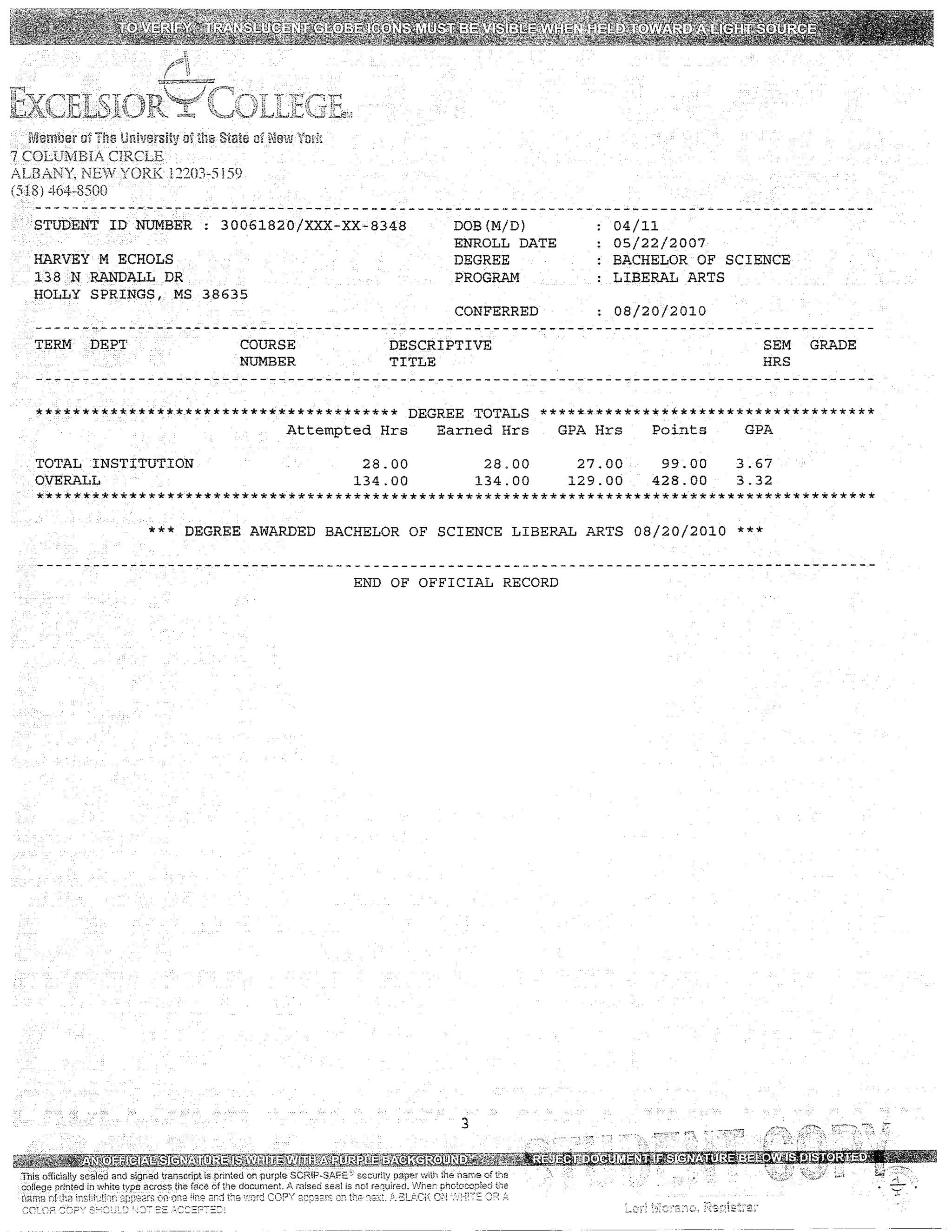 Excelsior College Graduation Transcript-- | PDF