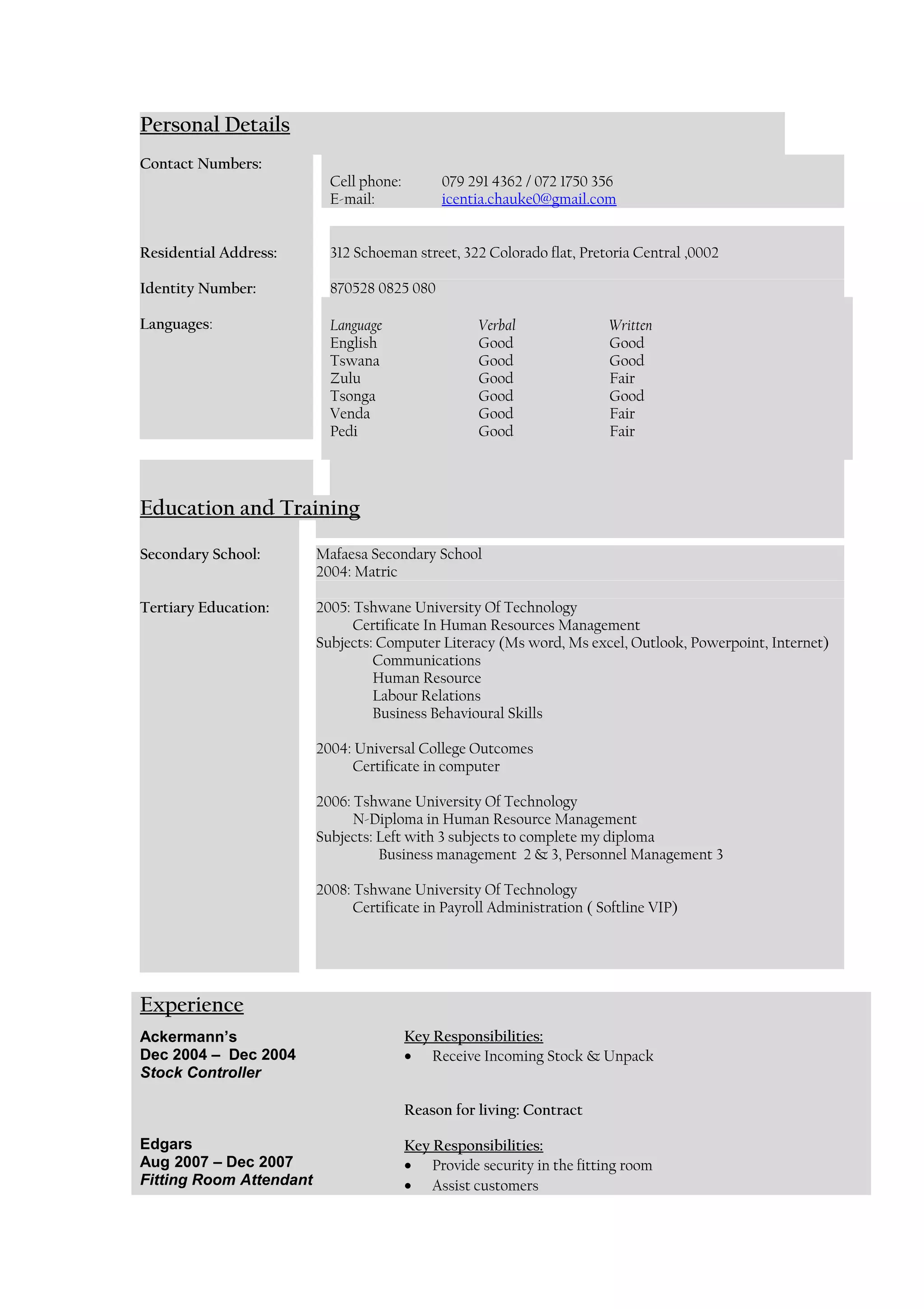 Tsakani Chauke's Curriculum Vitae... | DOC