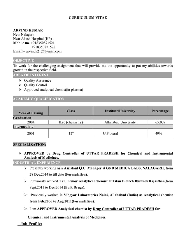 Arvind Resume | DOC | Pharmaceutical Industry | Industries