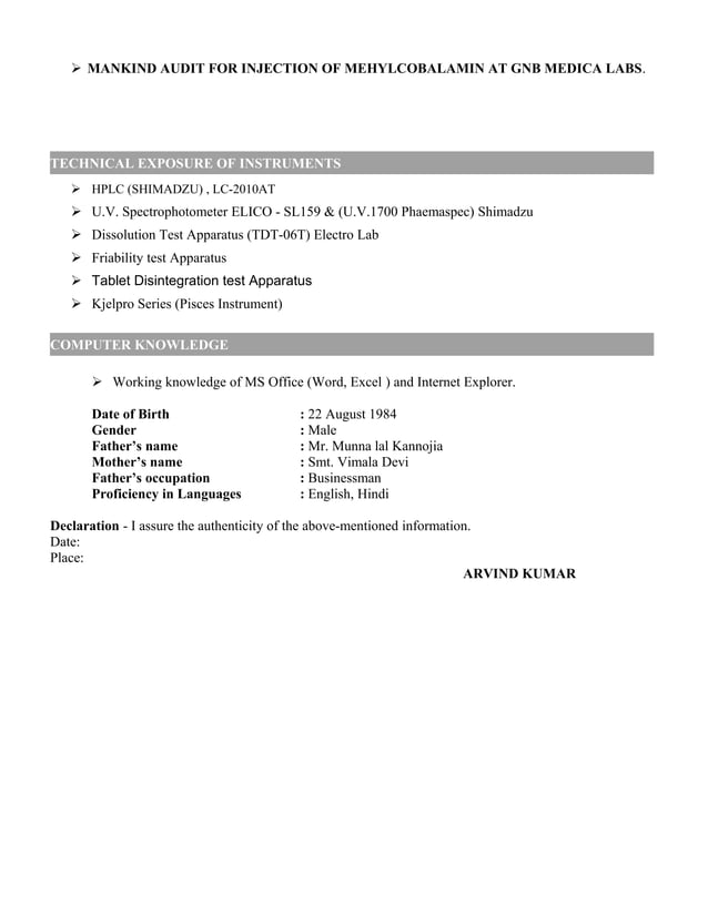 Arvind Resume | DOC | Pharmaceutical Industry | Industries
