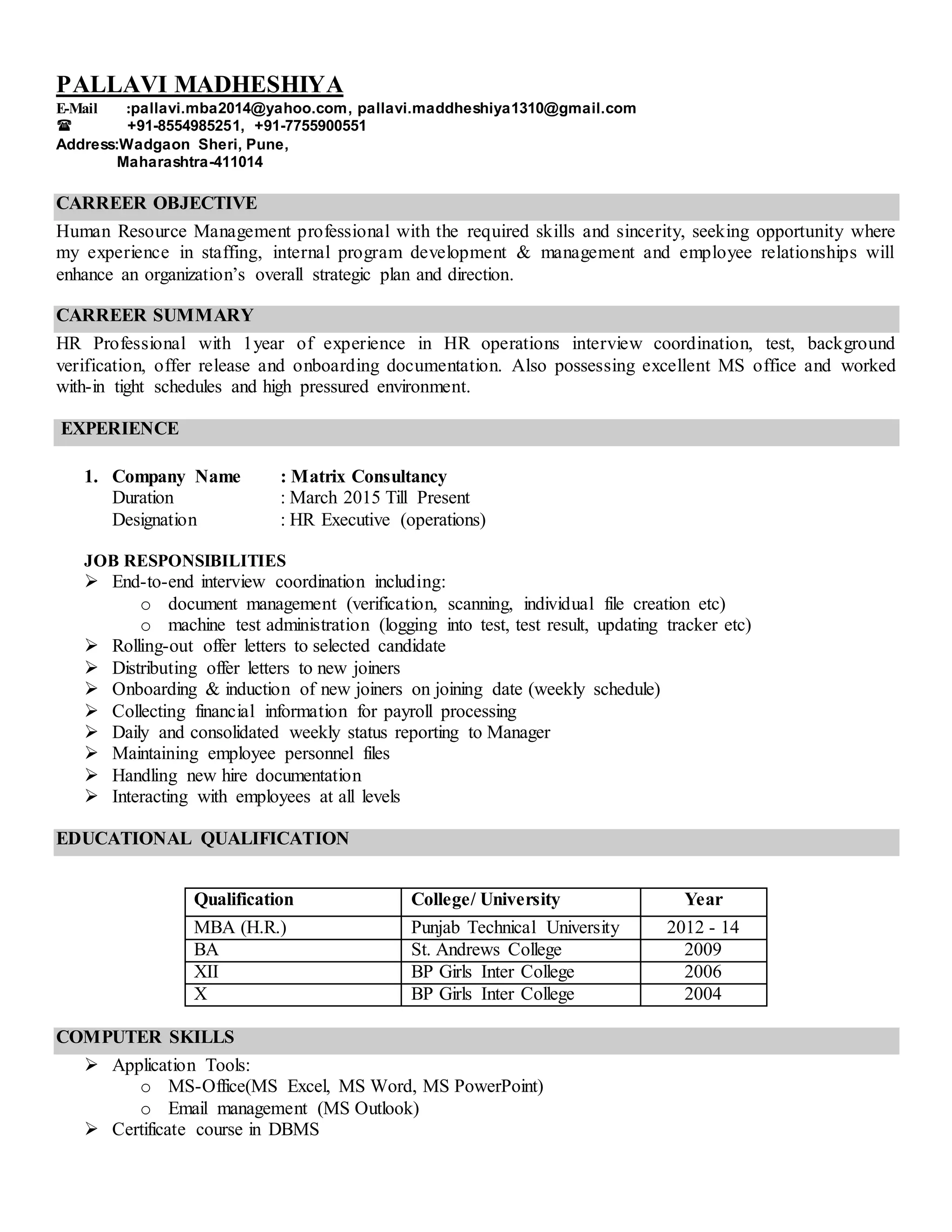 Resume_Pallavi_with_1_yr_exp_in_HR operations (1) (1) | DOCX | Human ...