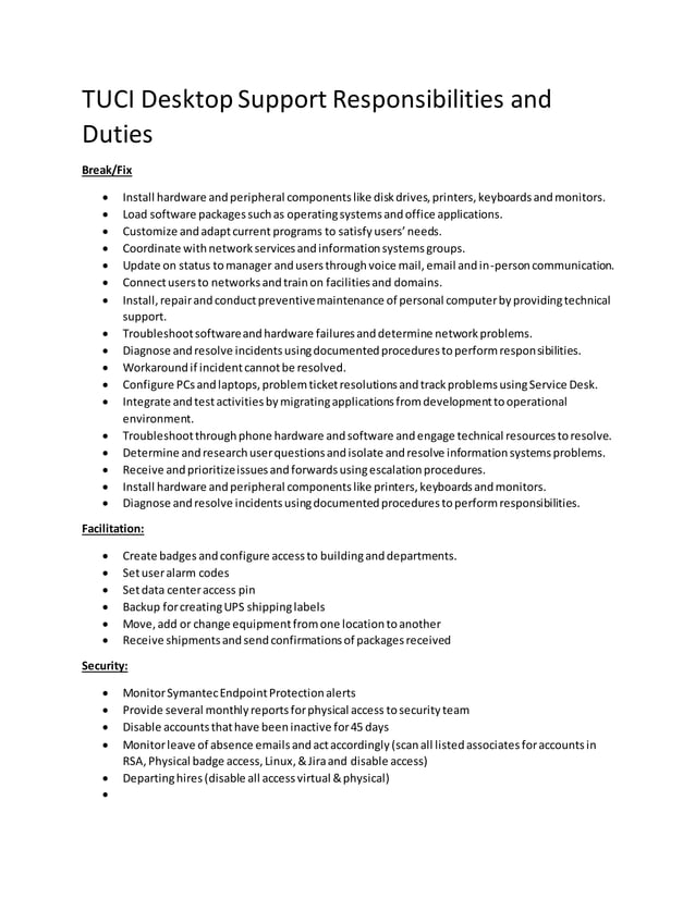 TUCI Desktop Support Responsibilities and Duties | DOCX | IT and ...