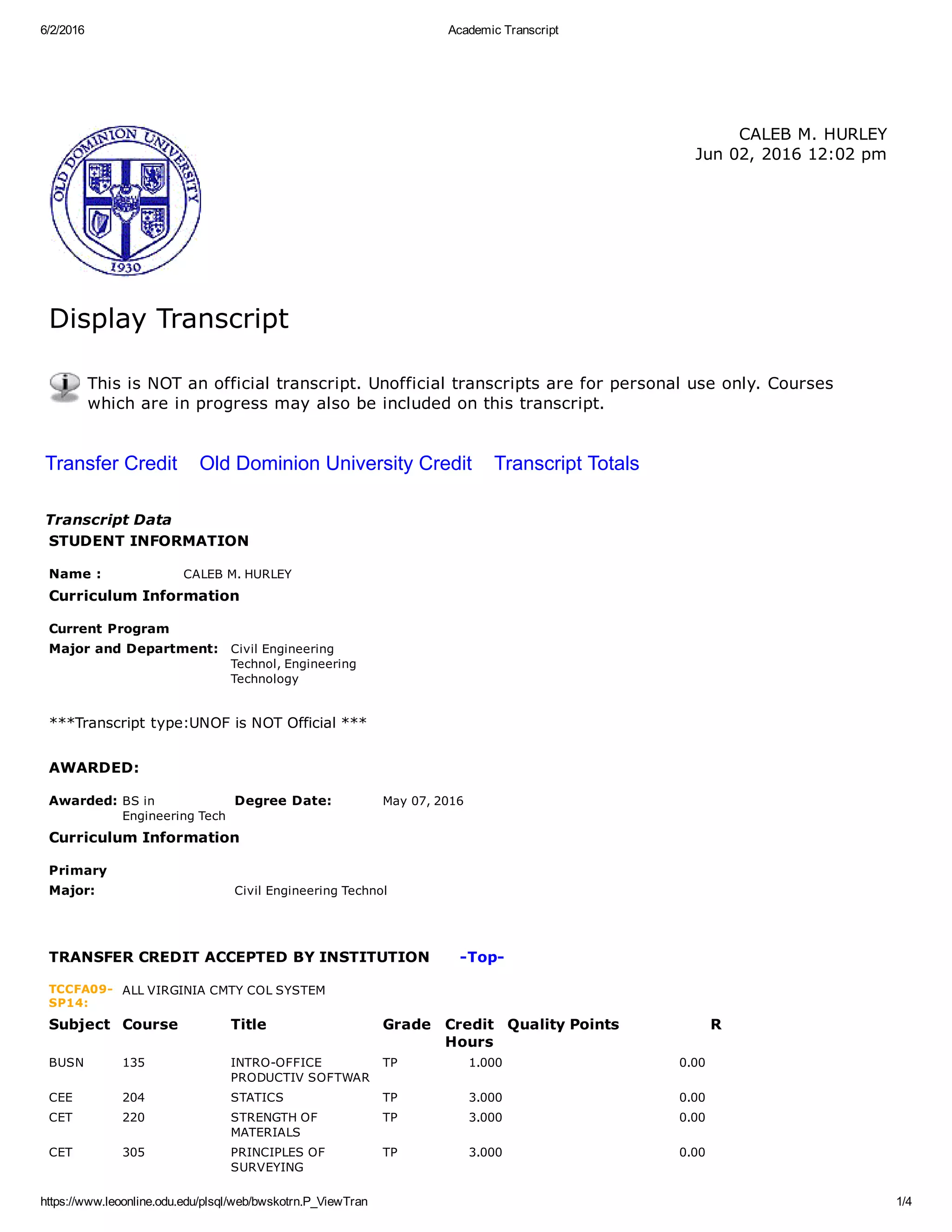 Unofficial Academic Transcript 2016 | PDF