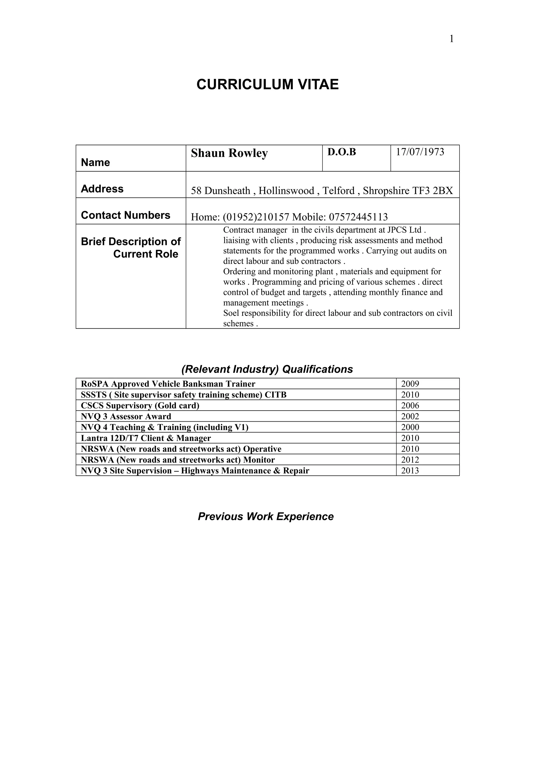 Shaun Rowley C.V | DOC