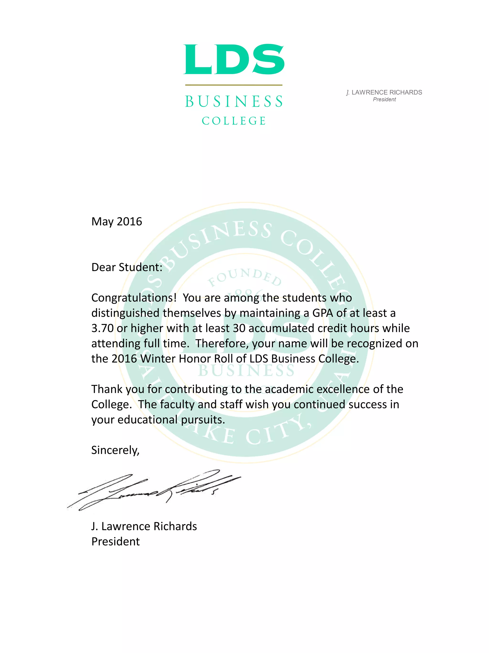 W16 Honor Roll Letter | PDF