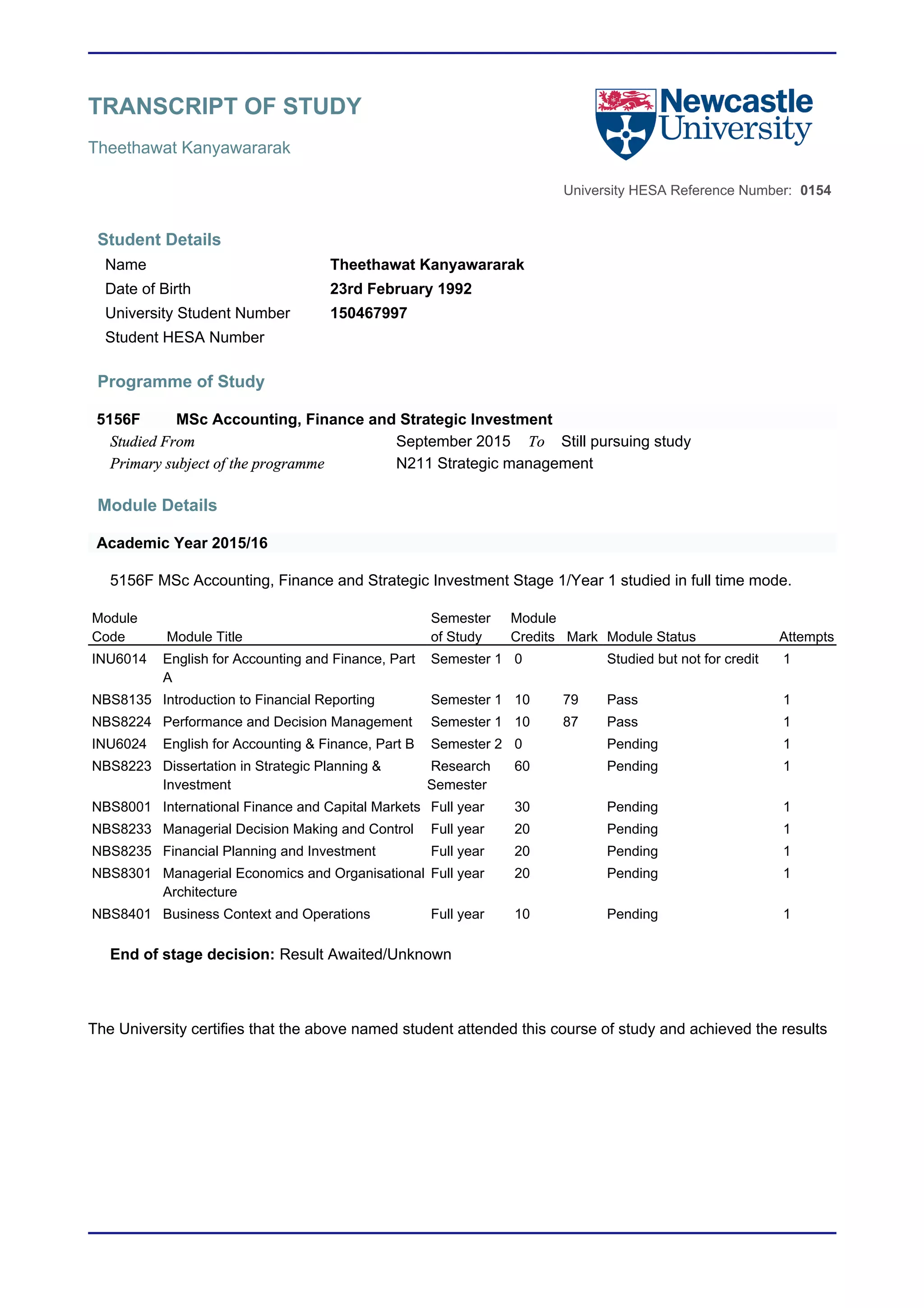 Transcript_150467997 | PDF | Undergraduate Education | College Education
