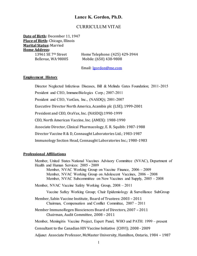 Lance Gordon CV 03042015 | DOCX | Infectious Diseases | Diseases and Conditions