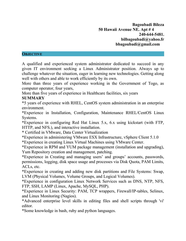 LINUX ADMIN. RESUME. | DOC | Operating Systems | Computer Software and ...