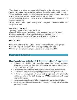 LINUX ADMIN. RESUME. | DOC | Operating Systems | Computer Software and Applications
