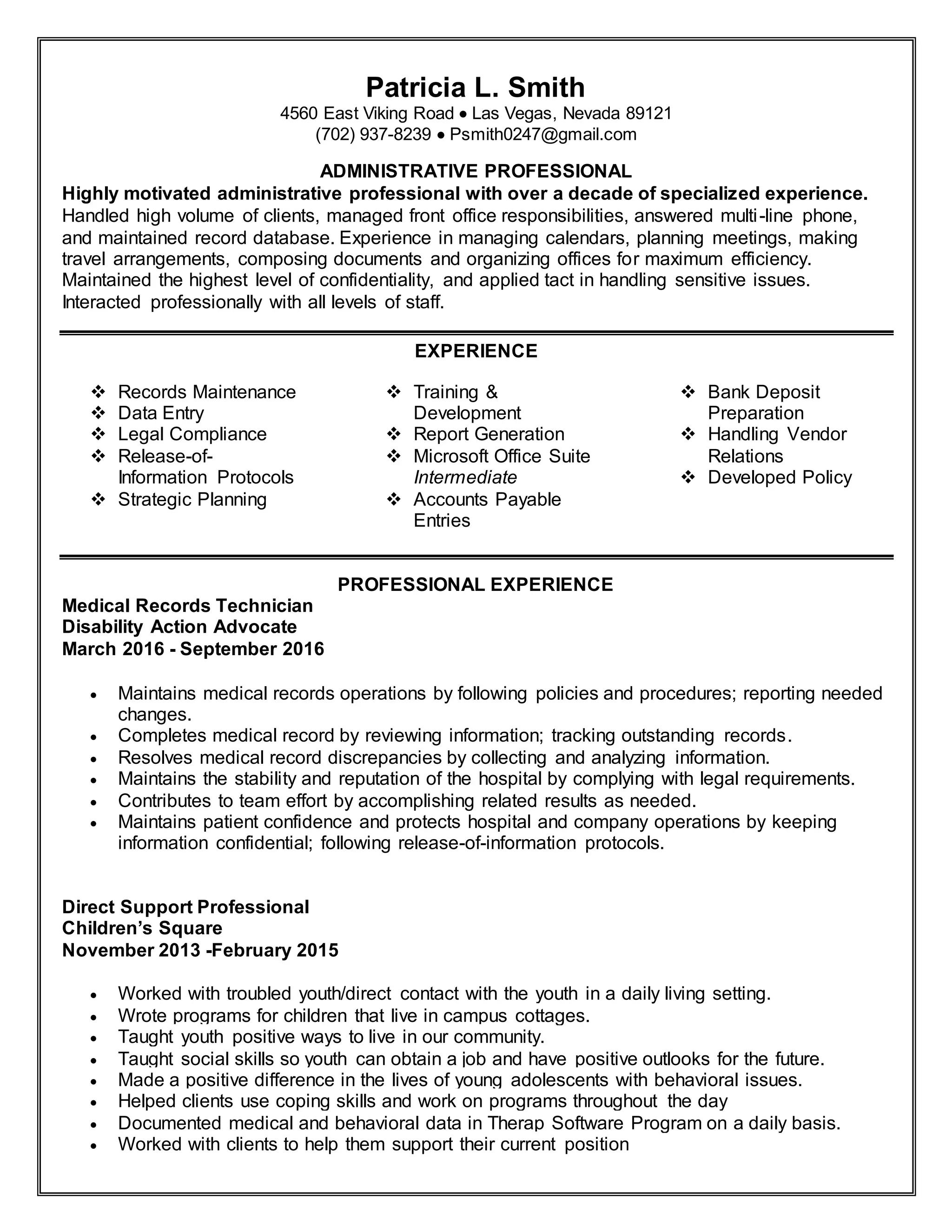 Patricia L. Smith Resume 2016 | DOCX