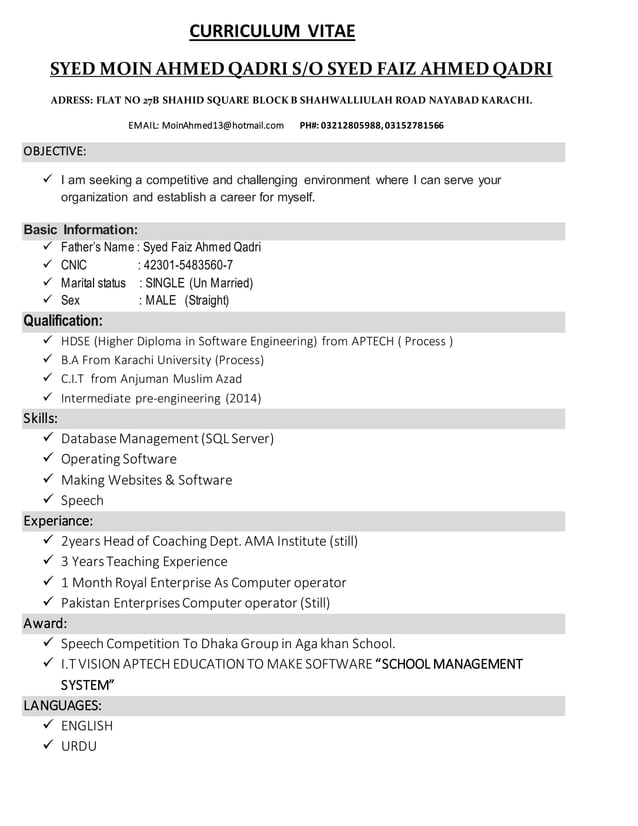 MOIN QADRI CV | DOCX | Technology & Computing